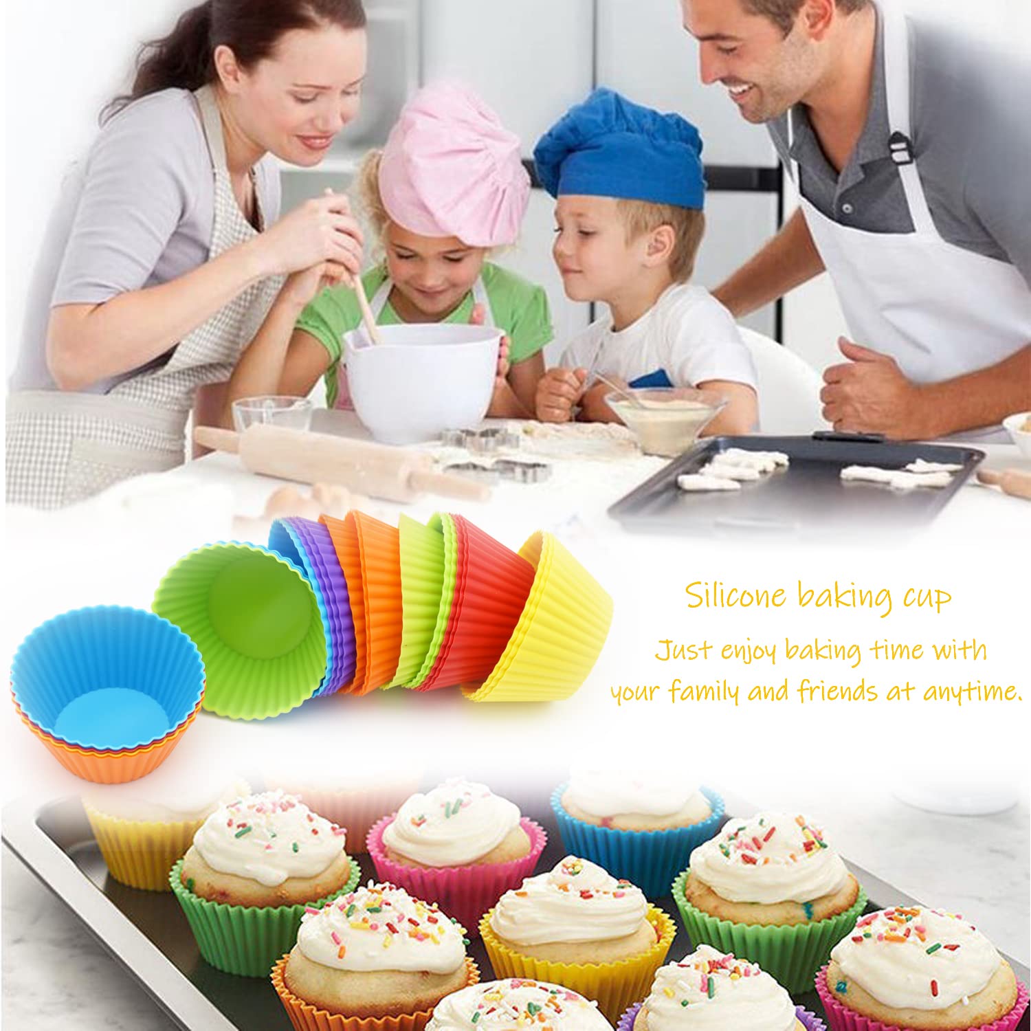 Silicone Cupcake Baking Cups 24 Pack, Reusable & Non-stick Muffin Cupcake Liners Holders Set for Party Halloween Christmas, Easy Clean Pastry Muffin Molds(Pack of 24,Multicolor)
