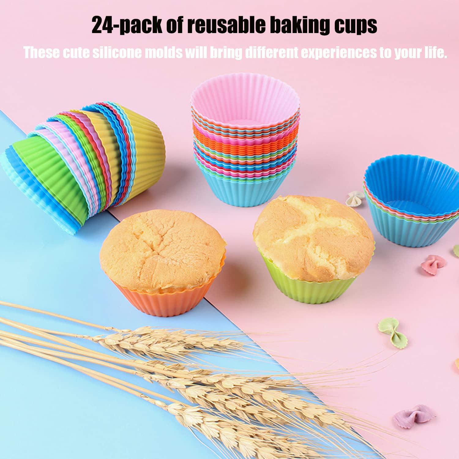 Silicone Cupcake Baking Cups 24 Pack, Reusable & Non-stick Muffin Cupcake Liners Holders Set for Party Halloween Christmas, Easy Clean Pastry Muffin Molds(Pack of 24,Multicolor)