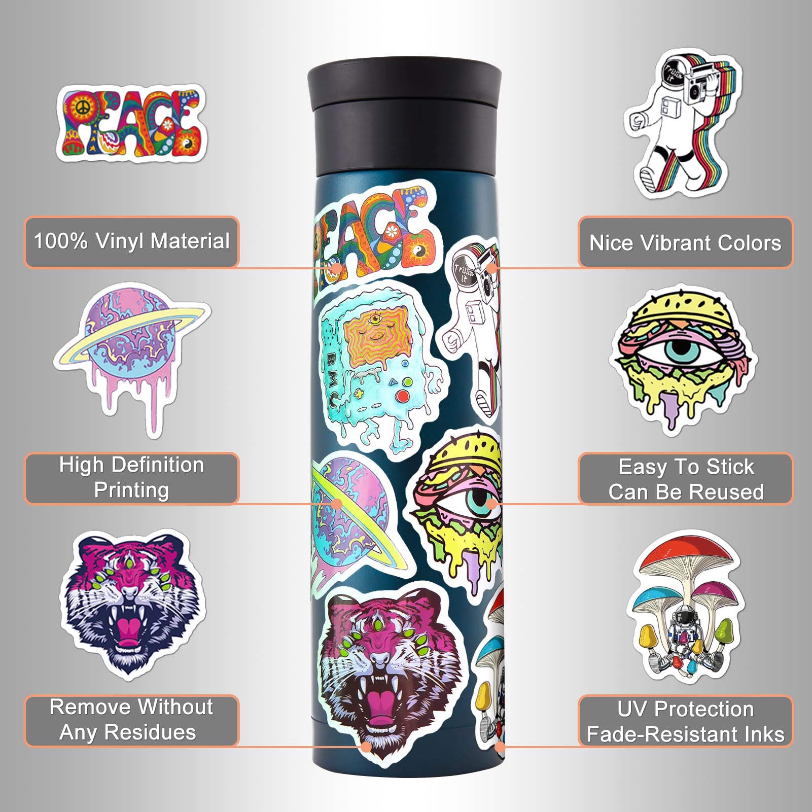 100Pcs Trippy Stickers, Psychedelic Stickers for Adults, Vinyl Waterproof Stickers for Water Bottles, Laptops Computers Skateboards Guitar Luggage Car, Cool Hippie Stickers for Adults and Teens