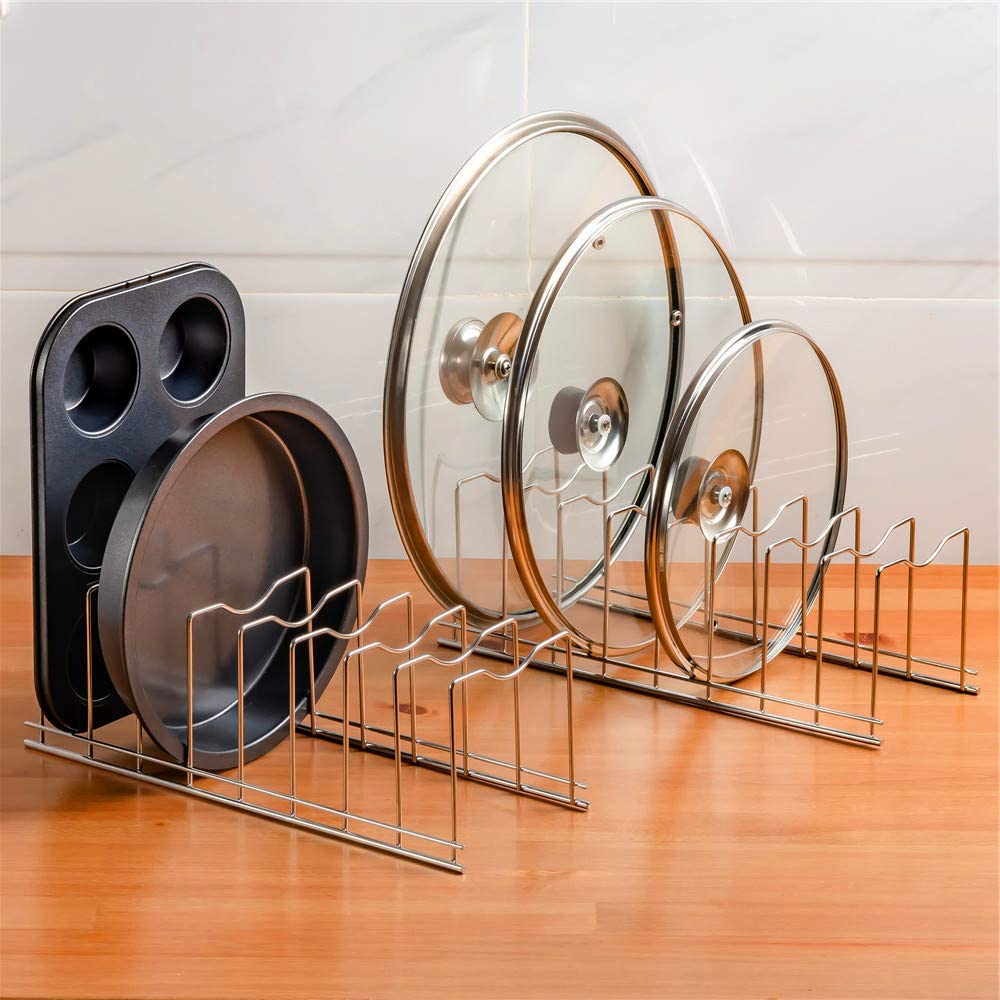 SANNO Pot Pan Lid Holder Rack Organizer Kitchen Organizer Drawer Plate Organizer Pot Lids, Storage Cutting Boards, Bakeware, Serving Trays, Reusable Containers in Cabinet Pantry , Stainless Steel