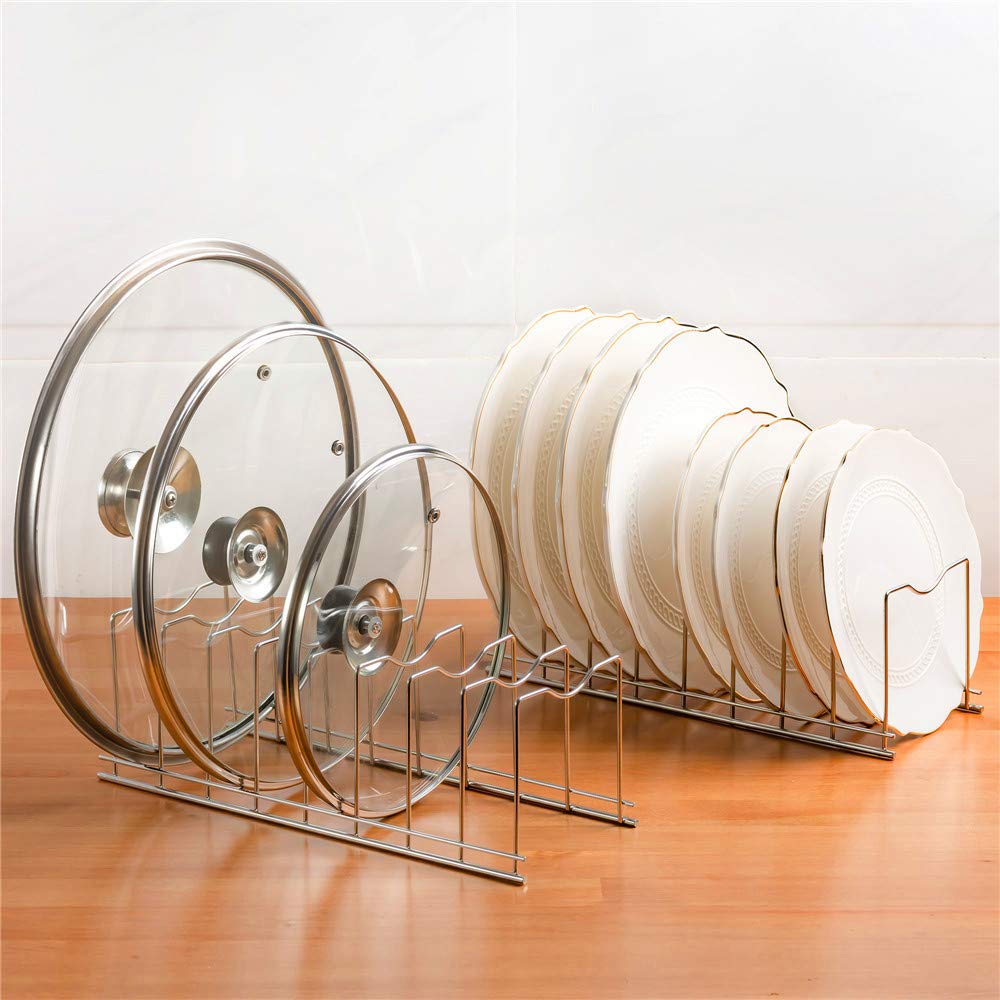 SANNO Pot Pan Lid Holder Rack Organizer Kitchen Organizer Drawer Plate Organizer Pot Lids, Storage Cutting Boards, Bakeware, Serving Trays, Reusable Containers in Cabinet Pantry , Stainless Steel