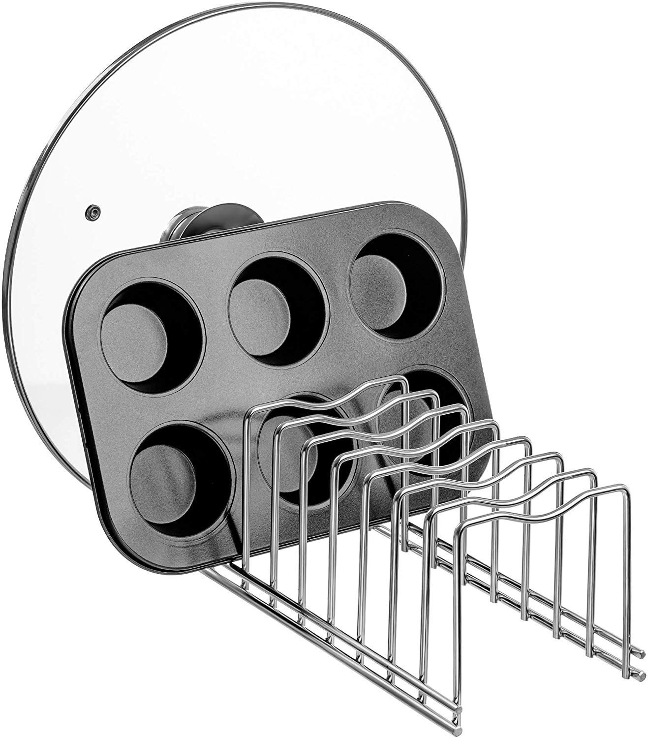 SANNO Pot Pan Lid Holder Rack Organizer Kitchen Organizer Drawer Plate Organizer Pot Lids, Storage Cutting Boards, Bakeware, Serving Trays, Reusable Containers in Cabinet Pantry , Stainless Steel