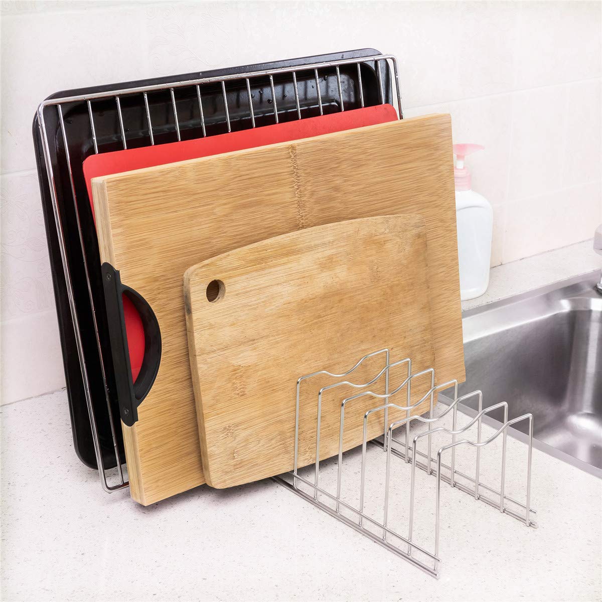 SANNO Pot Pan Lid Holder Rack Organizer Kitchen Organizer Drawer Plate Organizer Pot Lids, Storage Cutting Boards, Bakeware, Serving Trays, Reusable Containers in Cabinet Pantry , Stainless Steel