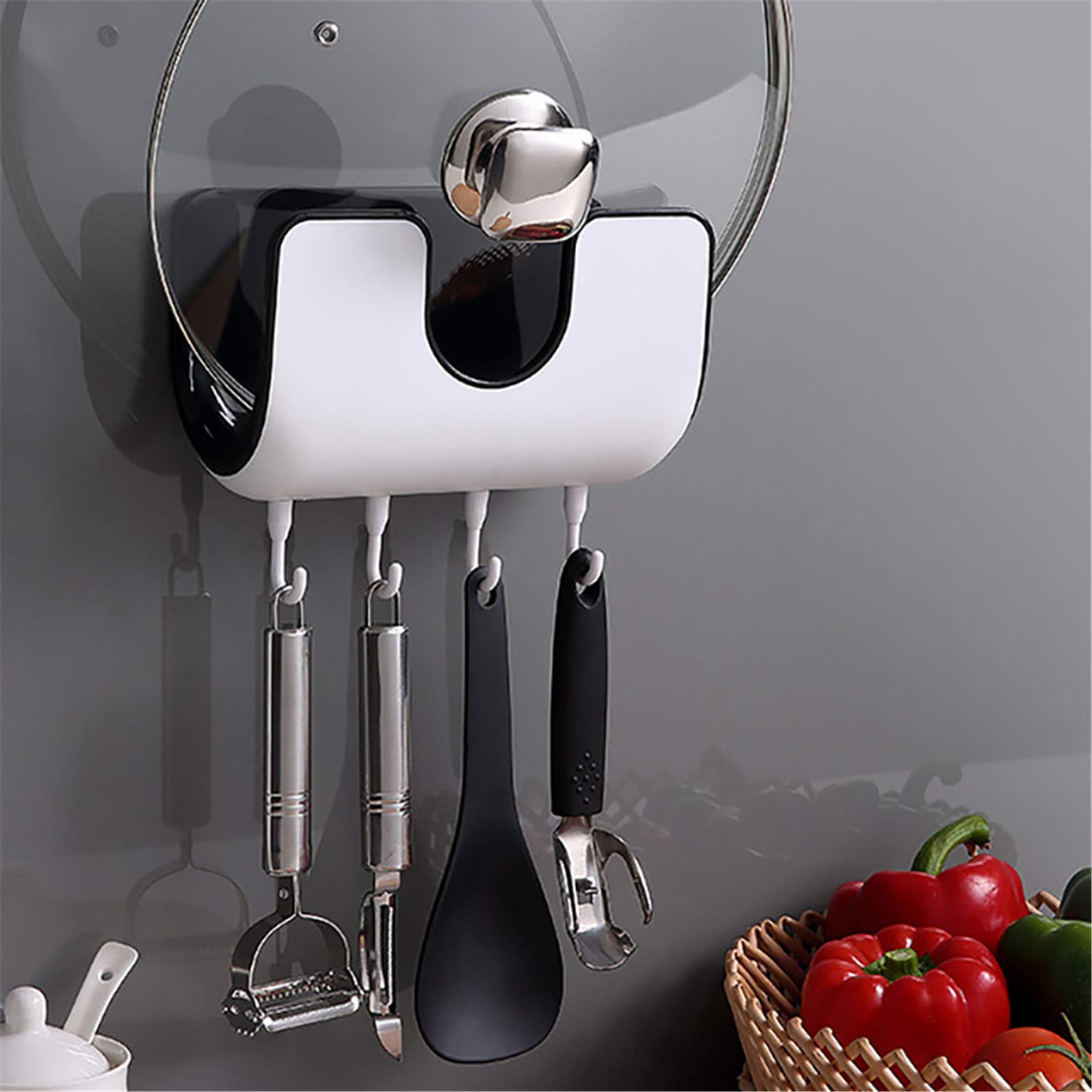 Guanniao Wall Mounted Pot Lid Rack With Four Hooks Self Adhesive Pot Lid Holder Abs Material Pot Lid Organizer