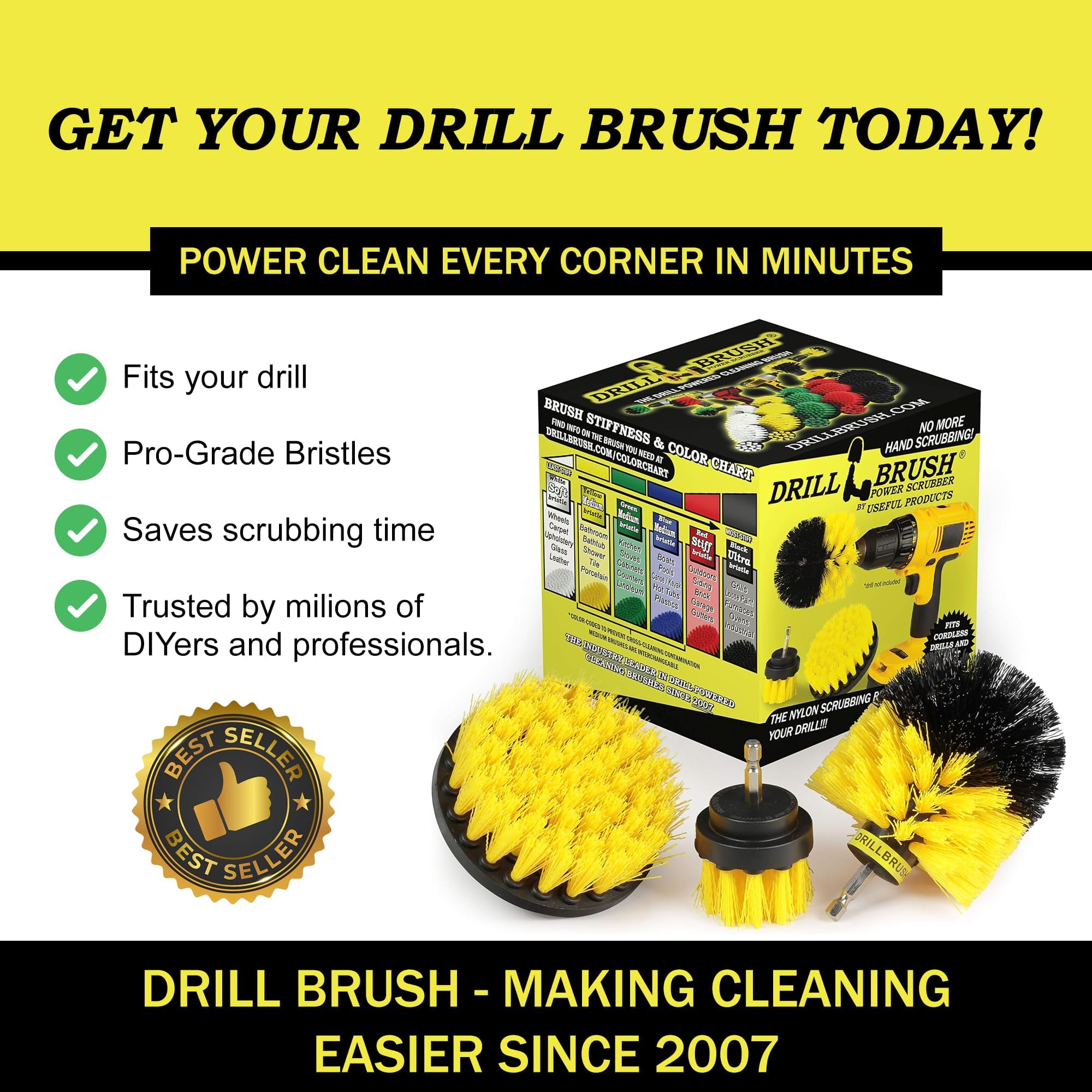 Drill Brush Attachment - Bathroom Surfaces Tub, Shower, Tile and Grout All Purpose Power Scrubber Cleaning Kit –Grout Drill Brush Set – Drill Brushes by Drill Brush Power Scrubber by Useful Products