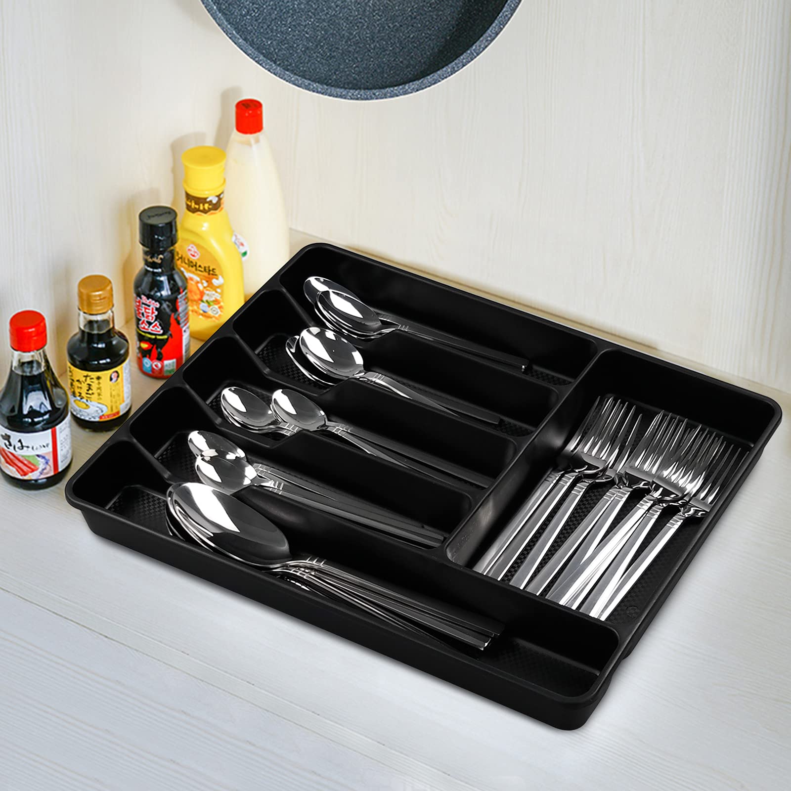 Morcte 1-Pack Plastic Silverware Cutlery Tray Organizer, Cutlery Holder Trays, Black
