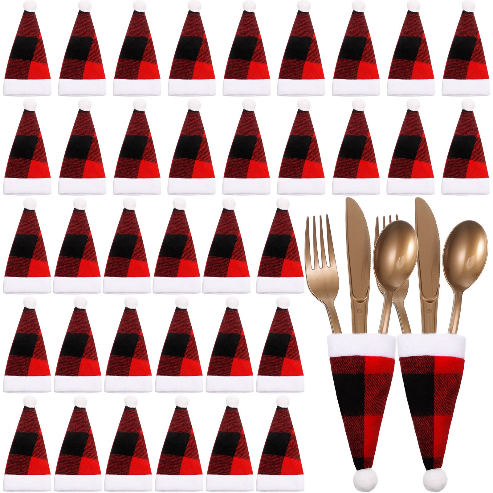 Sawysine 36 Pcs Christmas Santa Hats Silverware Holders Plaid Xmas Dinnerware Decorations Table Supplies Flatware Organizers Decor for Cutlery Party Dinner