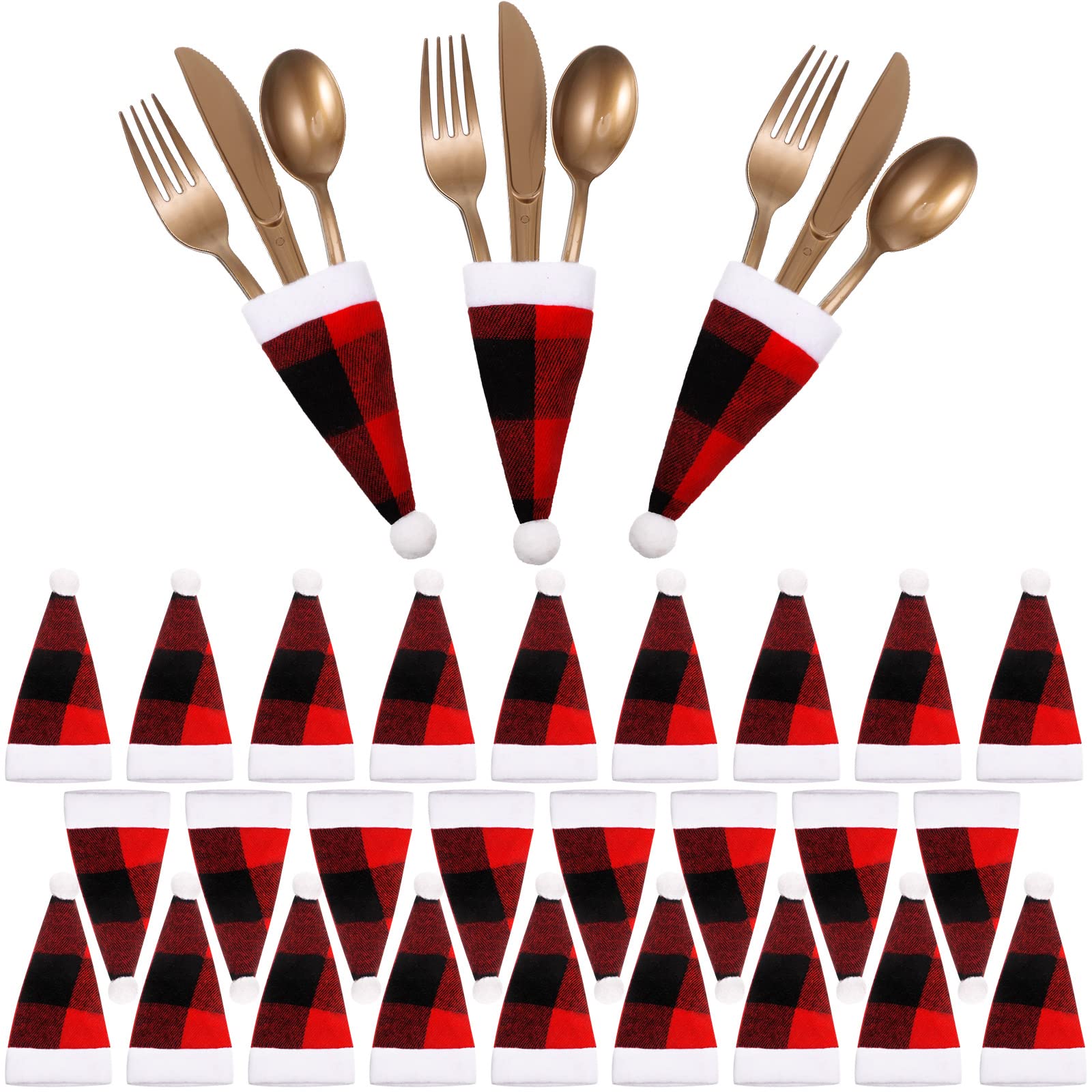 Sawysine 36 Pcs Christmas Santa Hats Silverware Holders Plaid Xmas Dinnerware Decorations Table Supplies Flatware Organizers Decor for Cutlery Party Dinner