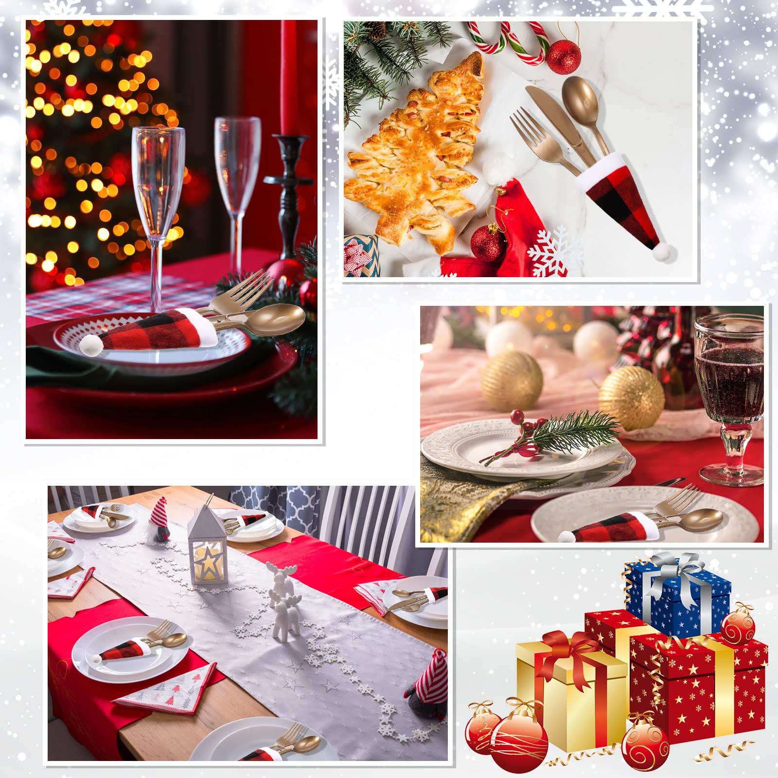 Sawysine 36 Pcs Christmas Santa Hats Silverware Holders Plaid Xmas Dinnerware Decorations Table Supplies Flatware Organizers Decor for Cutlery Party Dinner