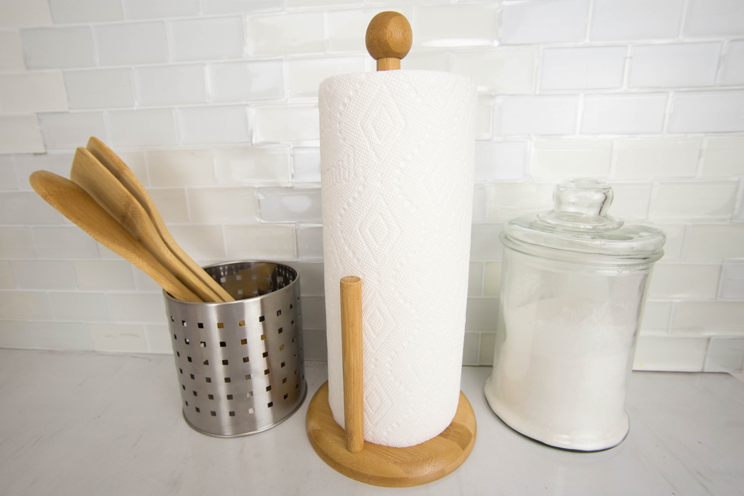 Home Basics Easy Tear Bamboo Dispenser Organizing Stand, Weighted Base, Beige Paper Towel Holder, Natural