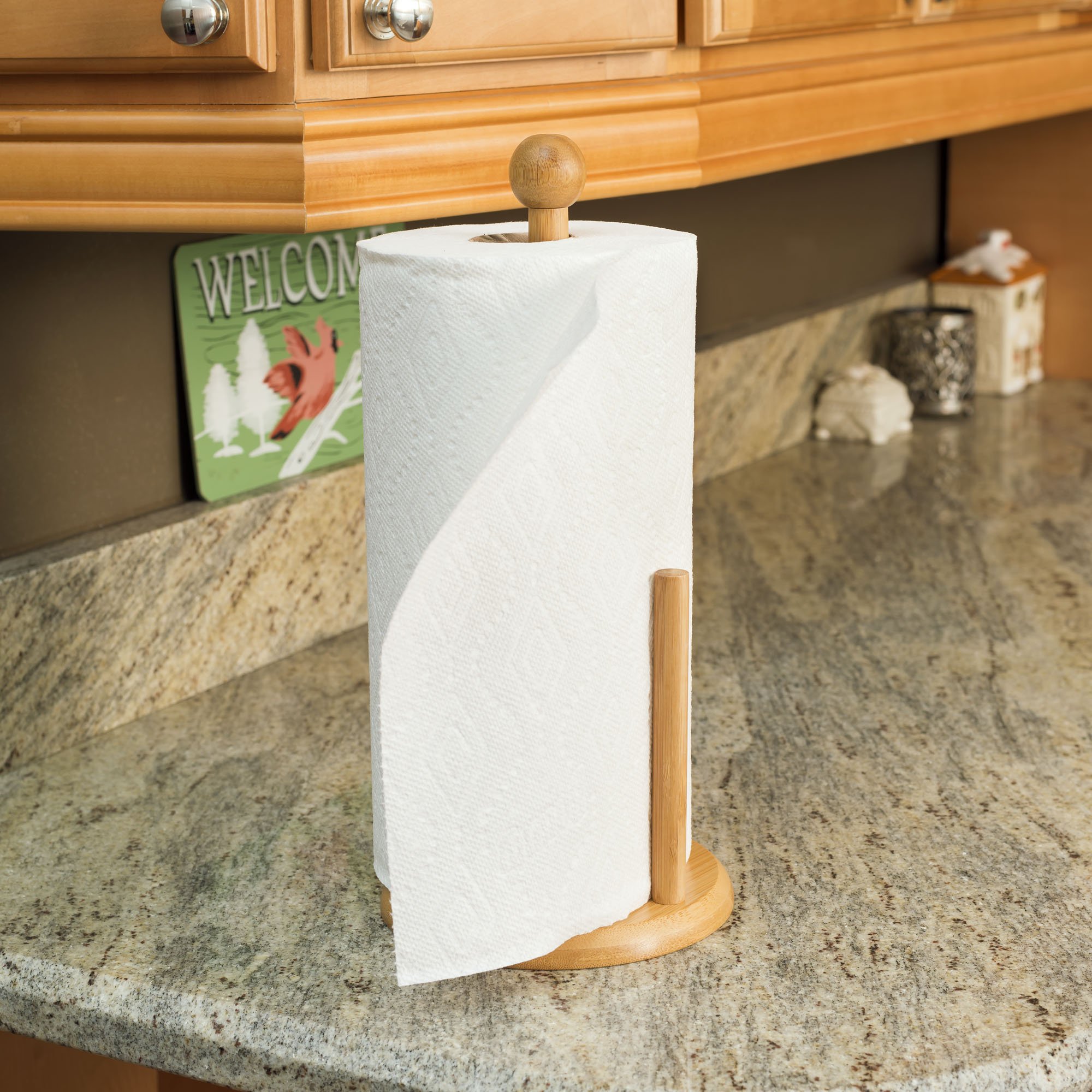 Home Basics Easy Tear Bamboo Dispenser Organizing Stand, Weighted Base, Beige Paper Towel Holder, Natural