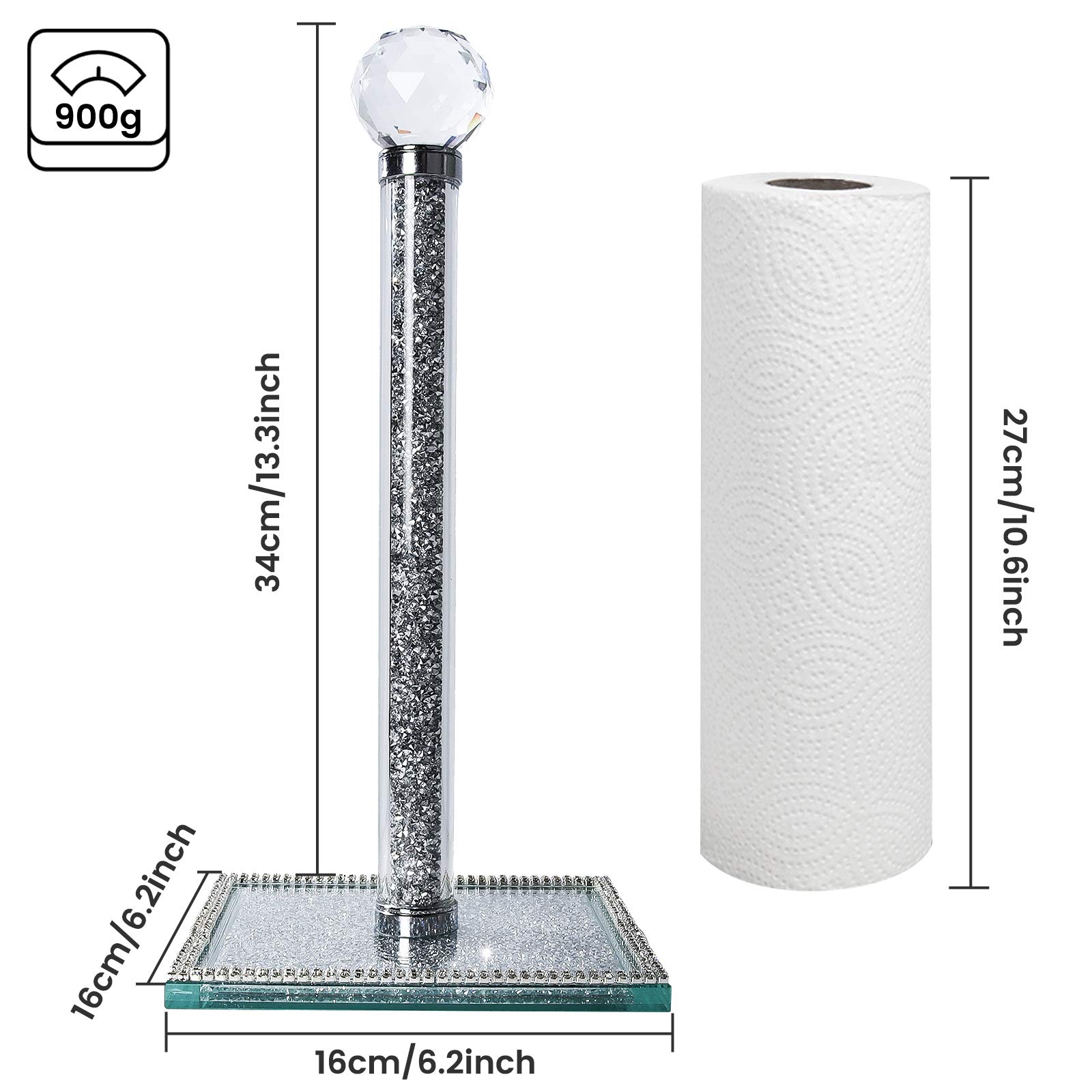 Crystal Paper Towel Holder Stand, Bling Glass Handmade Kitchen Countertop Paper Towel Roll Dispenser Holders, Diamond Effect Standing Bathroom Decor Paper Towel Holder with Cube Base