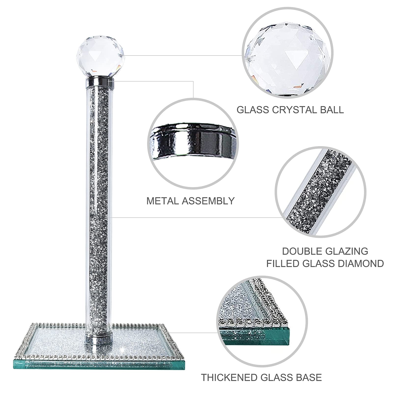Crystal Paper Towel Holder Stand, Bling Glass Handmade Kitchen Countertop Paper Towel Roll Dispenser Holders, Diamond Effect Standing Bathroom Decor Paper Towel Holder with Cube Base