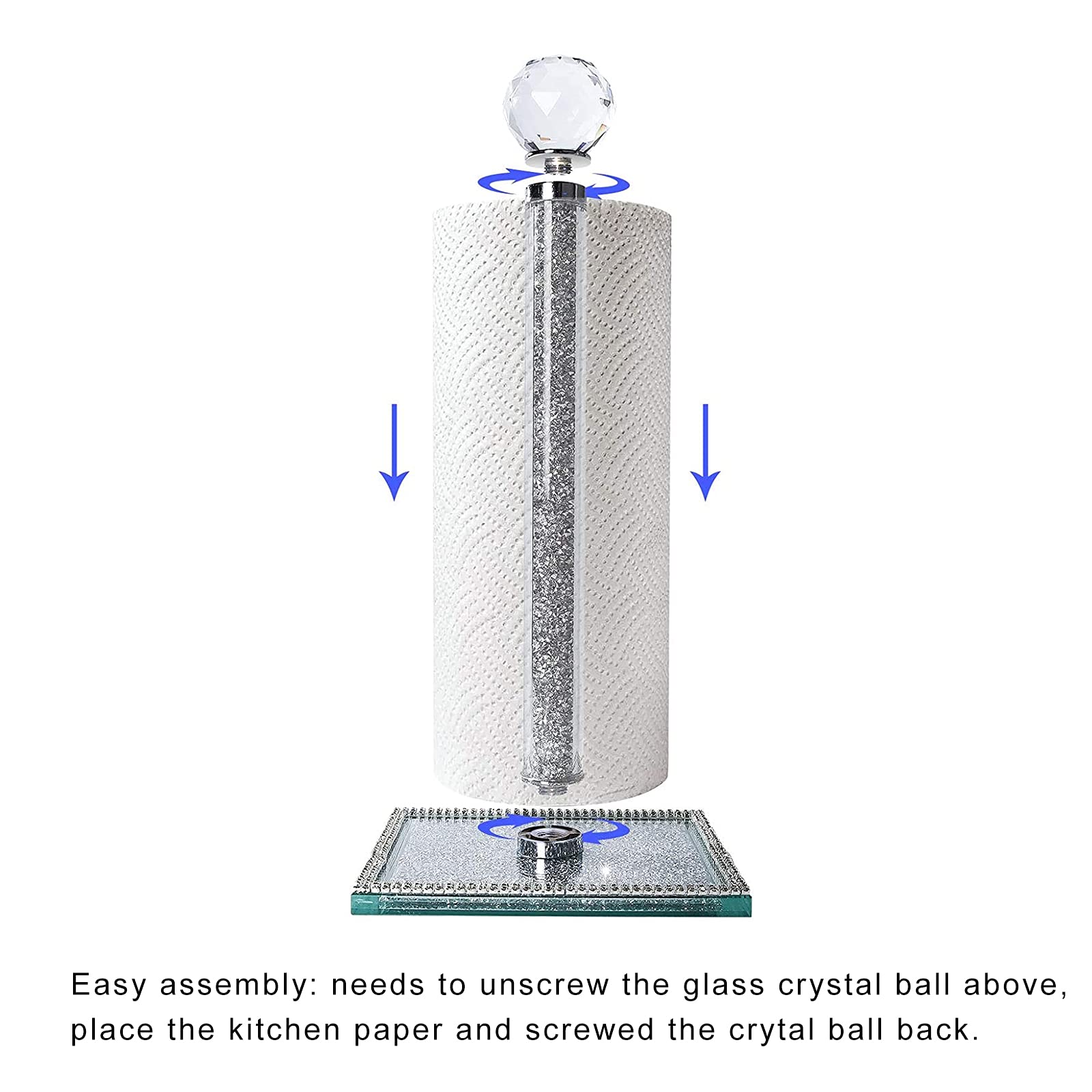 Crystal Paper Towel Holder Stand, Bling Glass Handmade Kitchen Countertop Paper Towel Roll Dispenser Holders, Diamond Effect Standing Bathroom Decor Paper Towel Holder with Cube Base