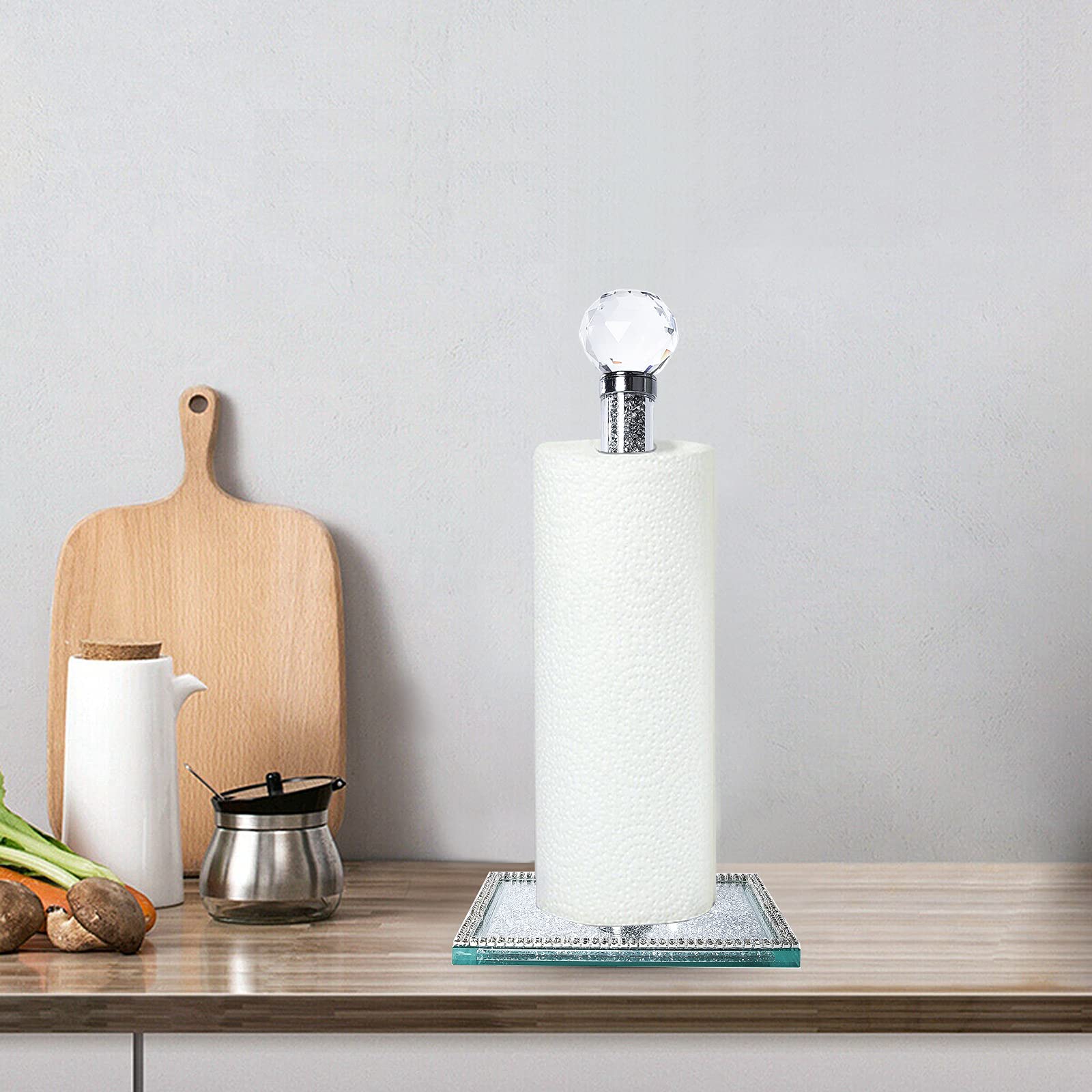 Crystal Paper Towel Holder Stand, Bling Glass Handmade Kitchen Countertop Paper Towel Roll Dispenser Holders, Diamond Effect Standing Bathroom Decor Paper Towel Holder with Cube Base