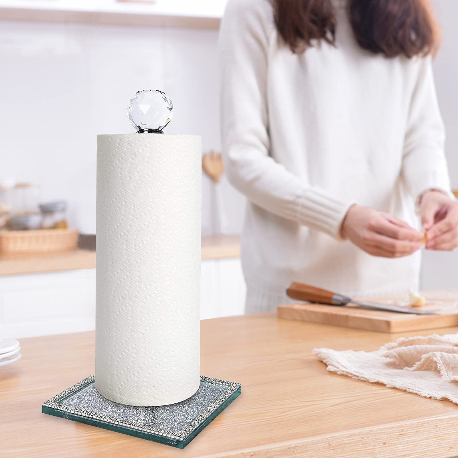 Crystal Paper Towel Holder Stand, Bling Glass Handmade Kitchen Countertop Paper Towel Roll Dispenser Holders, Diamond Effect Standing Bathroom Decor Paper Towel Holder with Cube Base