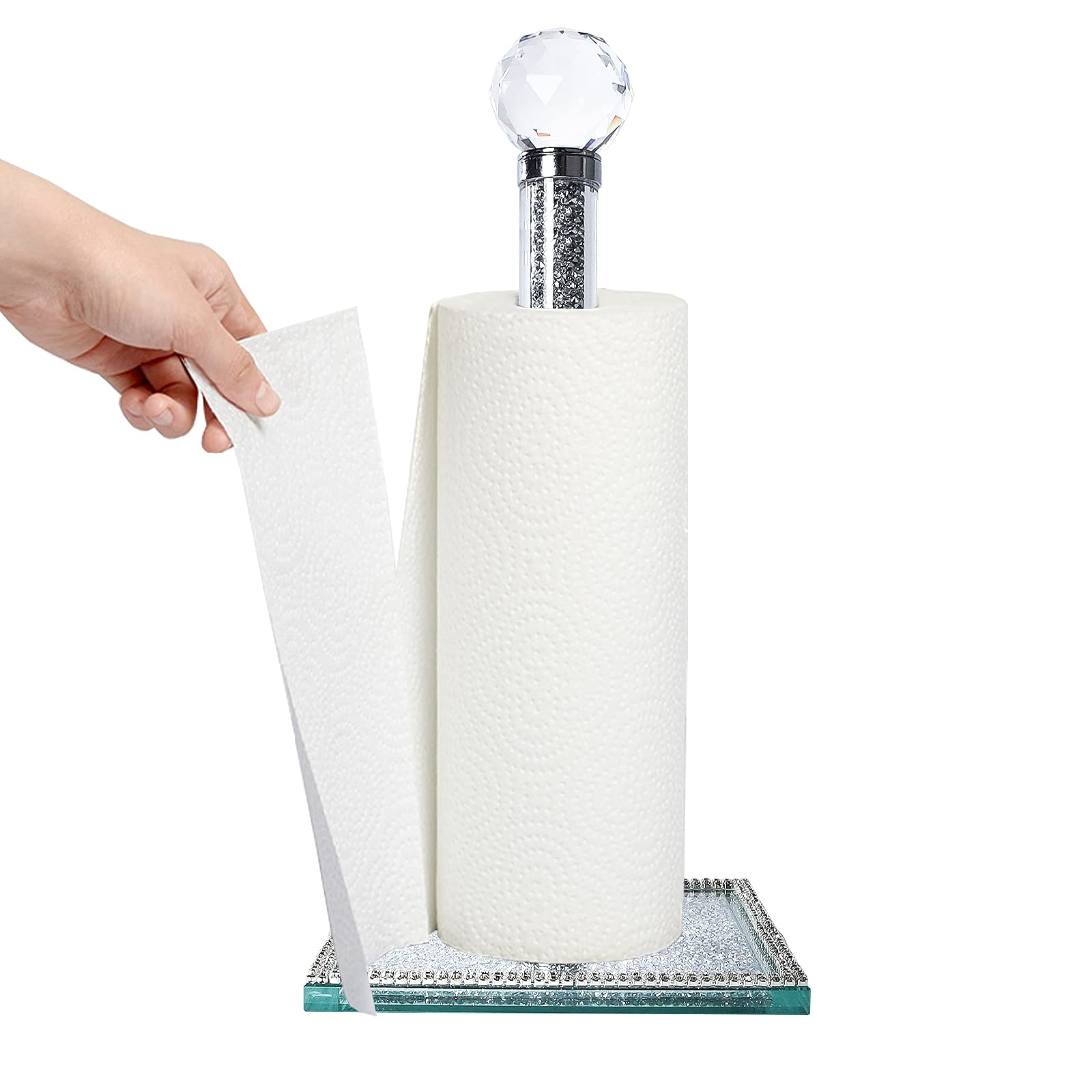 Crystal Paper Towel Holder Stand, Bling Glass Handmade Kitchen Countertop Paper Towel Roll Dispenser Holders, Diamond Effect Standing Bathroom Decor Paper Towel Holder with Cube Base