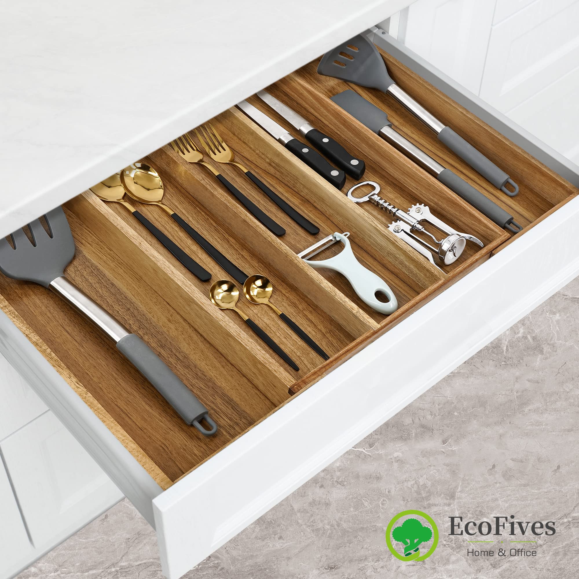 EcoFives Bamboo Silverware Organizer, Expandable Kitchen Drawer Organizer for Cutlery, Wooden Utensil Holder, Multi-Function Drawer Storage, 5-7 Compartments