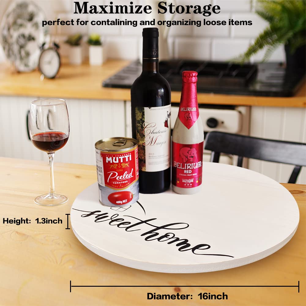 HSIUHEON Wood Lazy Susan Turntable, White Lazy Susan Organizer for Table,16inch Round Spinner Serving Tray Spice Rack for Countertop, Cabinet, Pantry Storage(Sweet Home)
