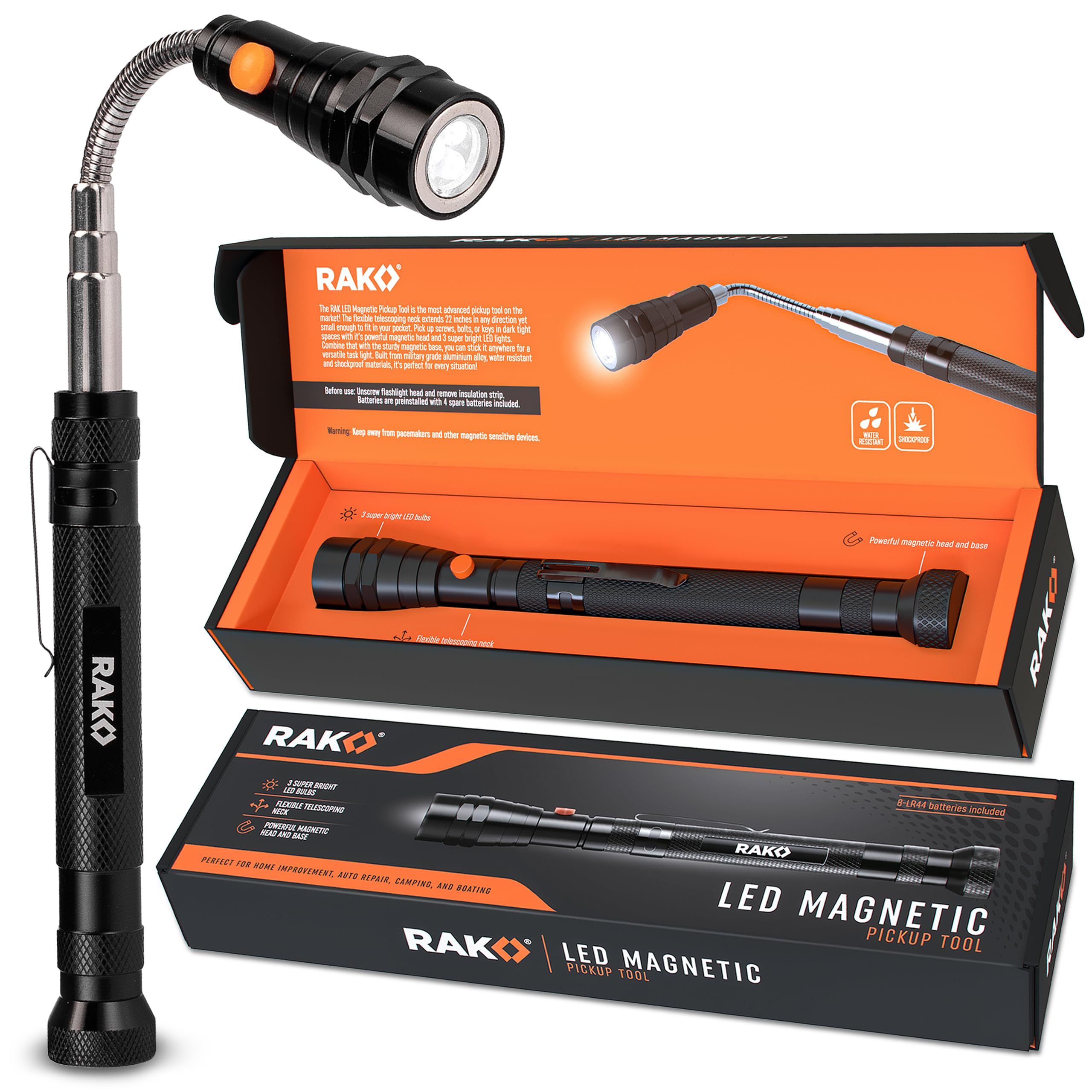 RAK Telescoping Magnetic Pickup Tool - Extendable Magnetic Flashlight - HVAC Tools Gifts for Men - Long LED Magnet Stick Tool for Mechanic, Tech, Handyman - Birthday Gifts for Dad
