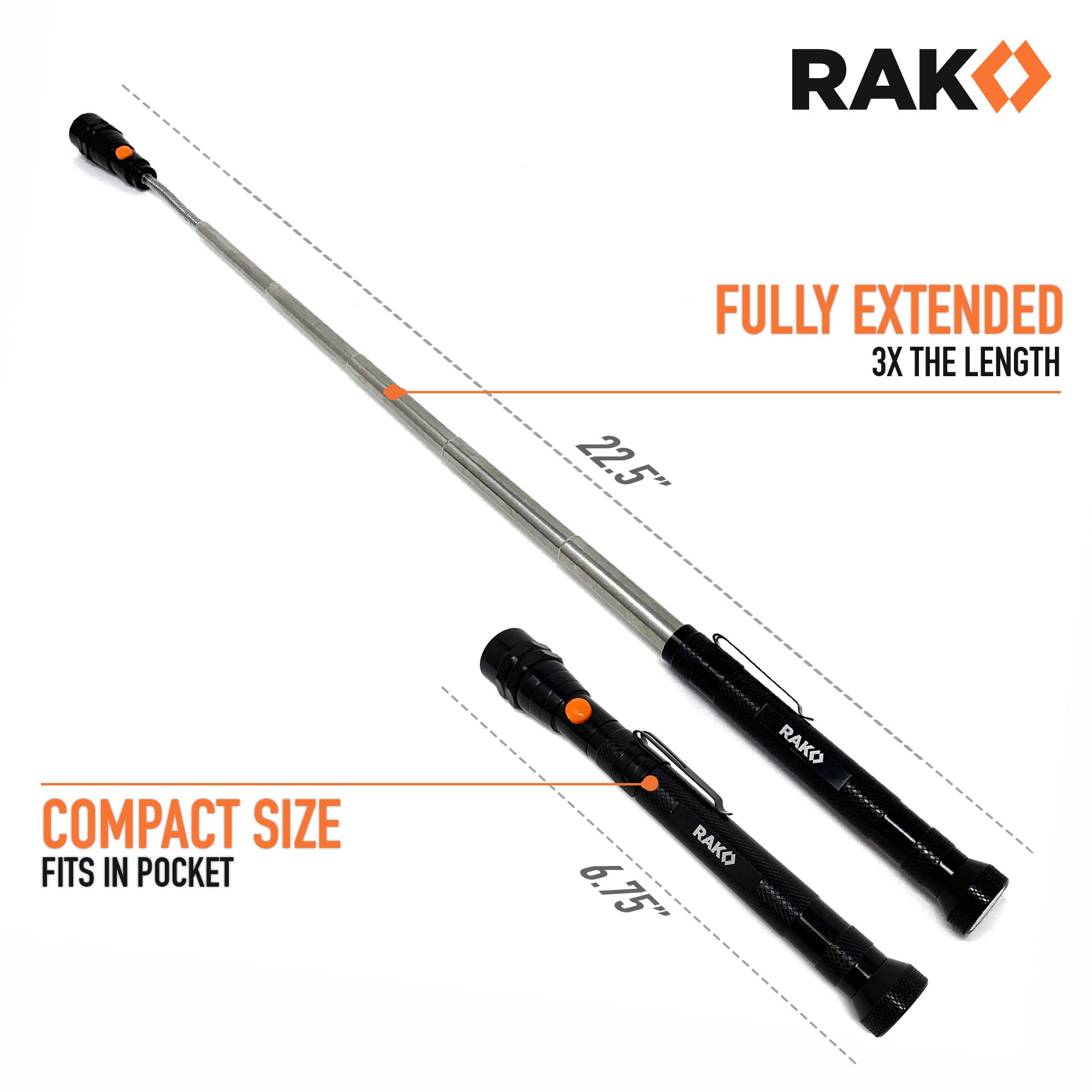 RAK Telescoping Magnetic Pickup Tool - Extendable Magnetic Flashlight - HVAC Tools Gifts for Men - Long LED Magnet Stick Tool for Mechanic, Tech, Handyman - Birthday Gifts for Dad