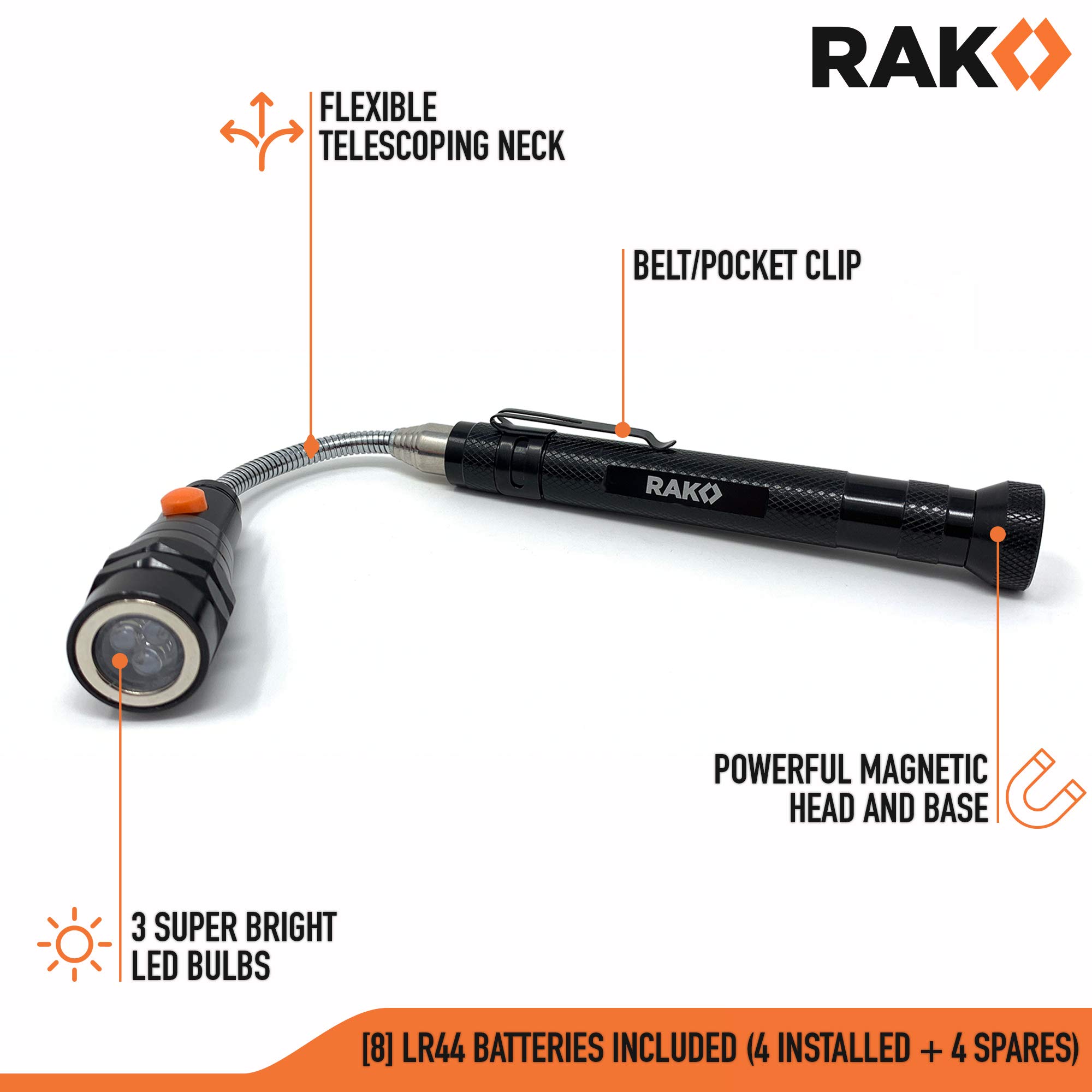 RAK Telescoping Magnetic Pickup Tool - Extendable Magnetic Flashlight - HVAC Tools Gifts for Men - Long LED Magnet Stick Tool for Mechanic, Tech, Handyman - Birthday Gifts for Dad