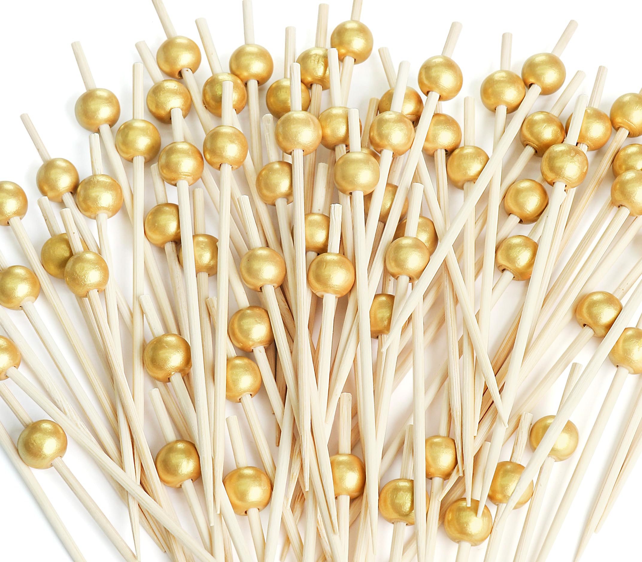 200PCS Cocktail Picks, Fancy Cocktail Toothpicks for Appetizers Picks, Handmade Bamboo Cocktail Skewers for Appetizers Fruit Party, Gold Pearl Food Picks Charcuterie Accessories (4.7 Inch)