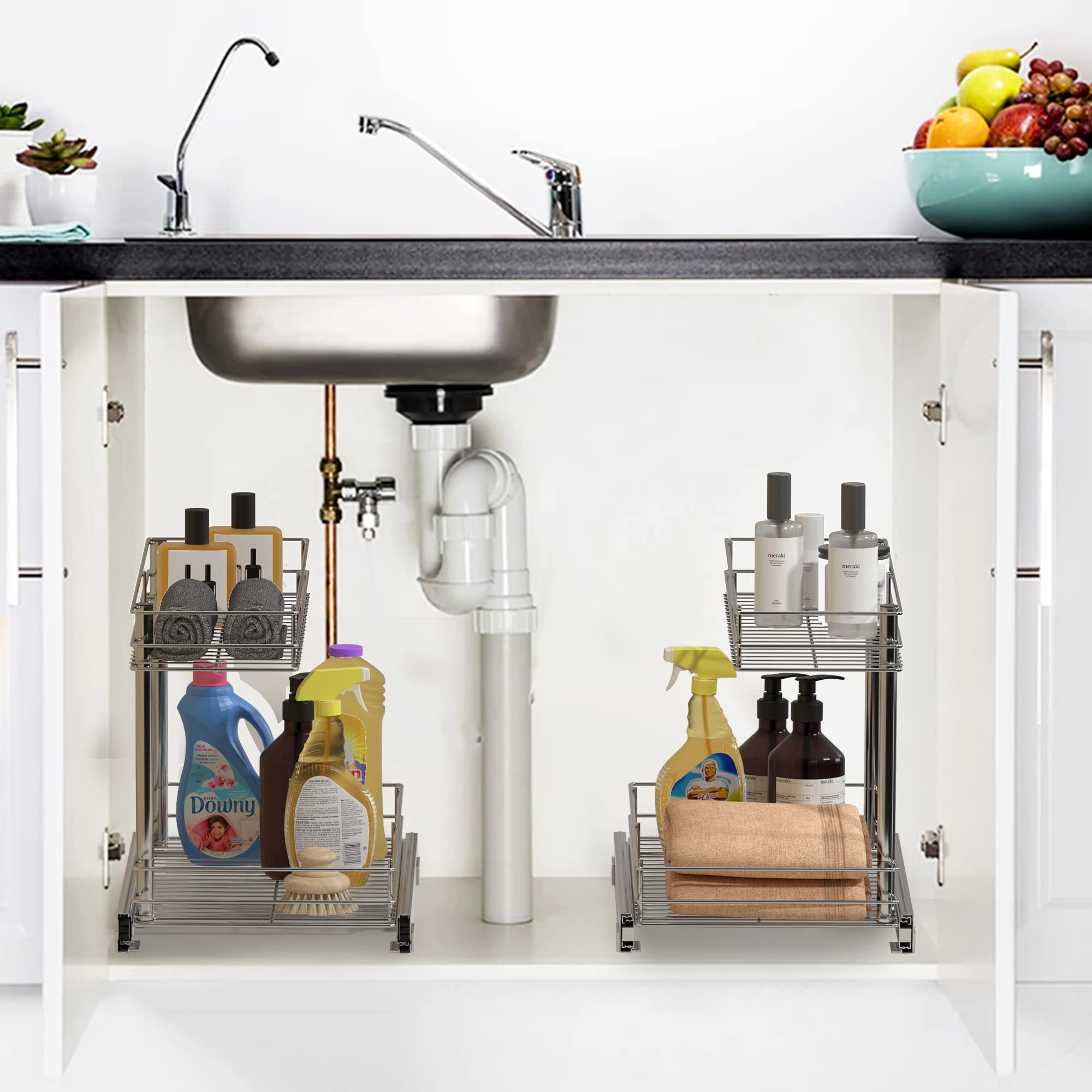 Coralov Pull Out Cabinet Organizer, 9 INCH Under Sink Slide Out Storage Shelf with 2 Tier Sliding Wire Drawer