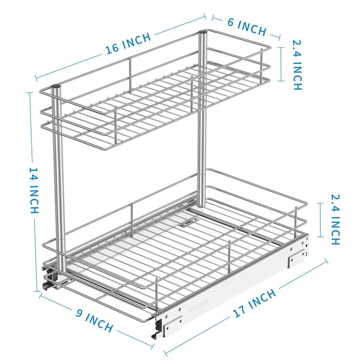 Coralov Pull Out Cabinet Organizer, 9 INCH Under Sink Slide Out Storage Shelf with 2 Tier Sliding Wire Drawer
