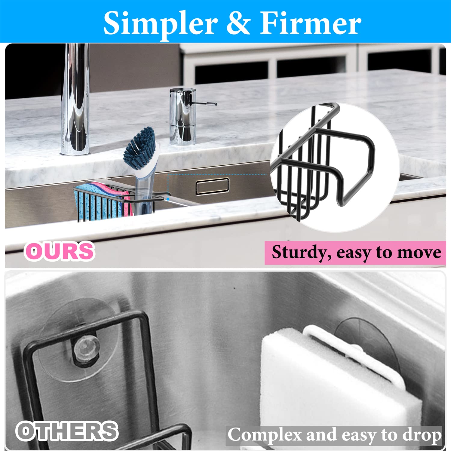 JOFUYU 2-in-1 Sponge Holder for Kitchen Sink + Dish Brush Holder, Sink Sponge Organizer Basket Rack, SUS304 Stainless Steel - Black