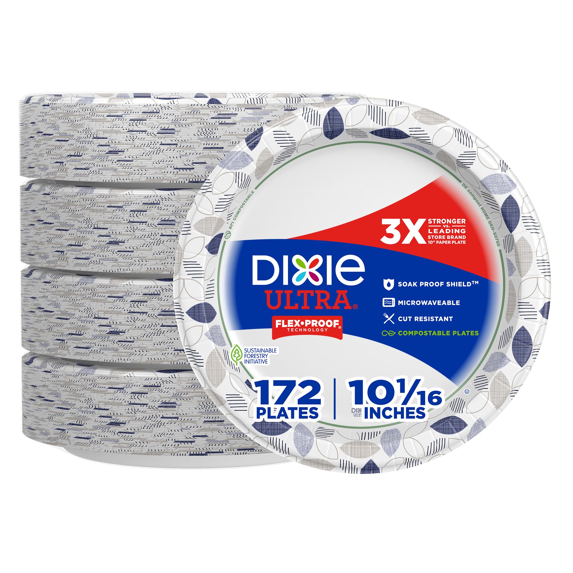 Dixie Ultra Paper Plates, 10 1/16 inch, Dinner Size Printed Disposable Plate, 172 Count (4 Packs of 43 Plates), Packaging and Design May Vary