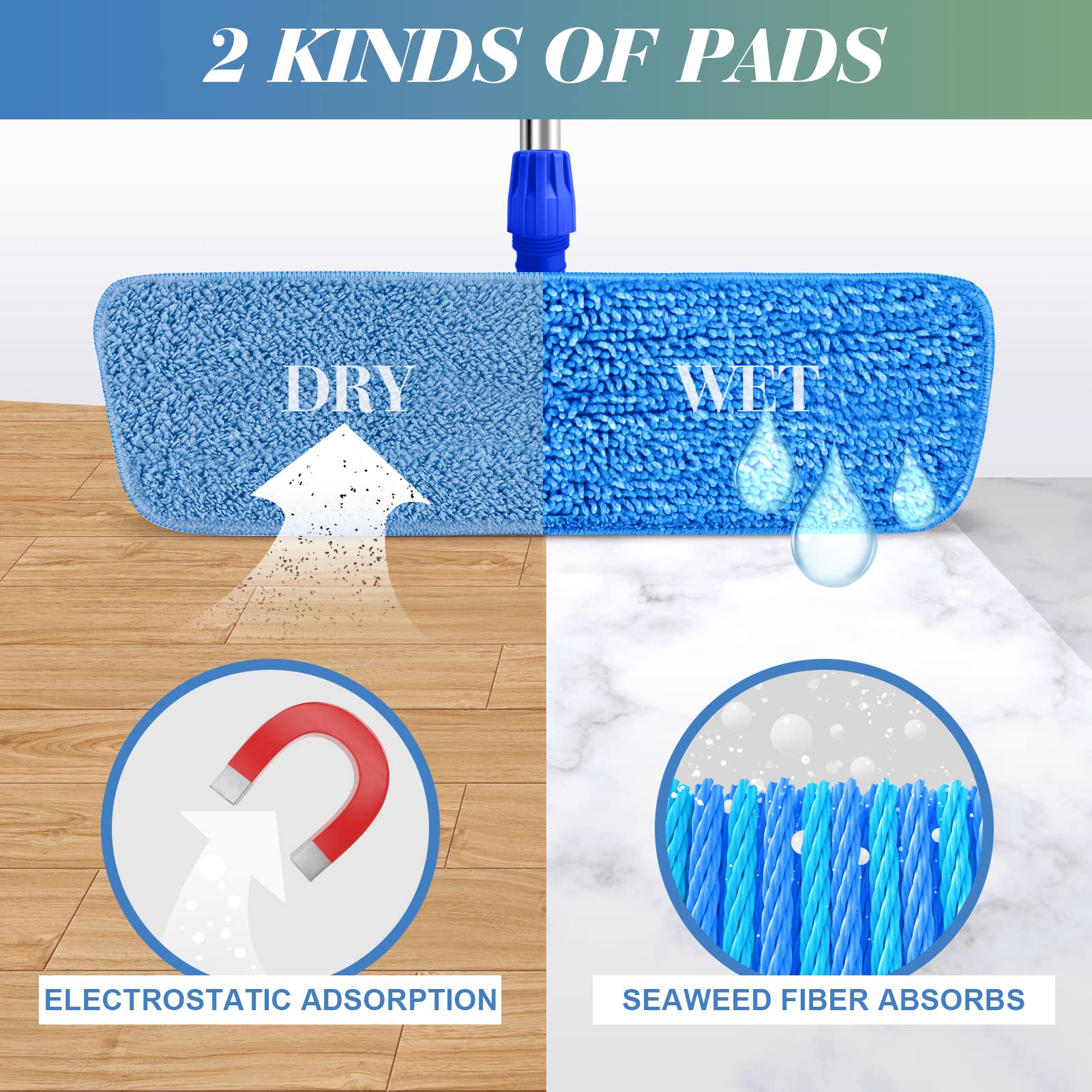 Bonpally 18" Microfiber Mop Floor Cleaning System, Flat Mop for Hardwood Floors, Professional Commercial Mop, Wet and Dust Mop with Extendable Handle, 4 Reusable Mop Pads, Household Cleaning Tools
