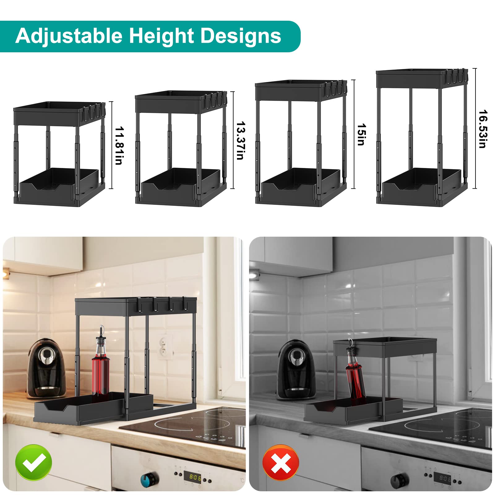 Adjustable Height Under Sink Organizers and Storage, 2 Tier Sliding Bathroom Organizer Under Sink,Multipurpose Under Kitchen Sink Organizers and Storage With 4 Hooks for Bathroom Kitchen Desktop