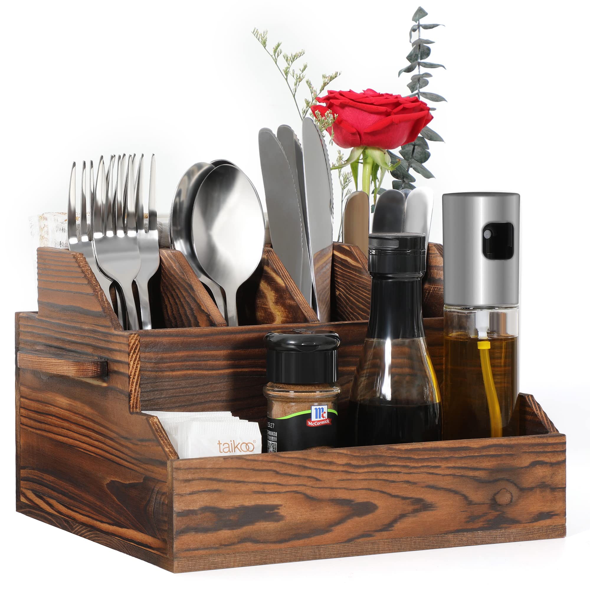 Innovation Silverware Caddy, Flatware Caddy, 7-Compartment Wooden Utensil Caddy Silverware with Handles for Spoons, Knives, Forks, Napkins, Vintage Brown