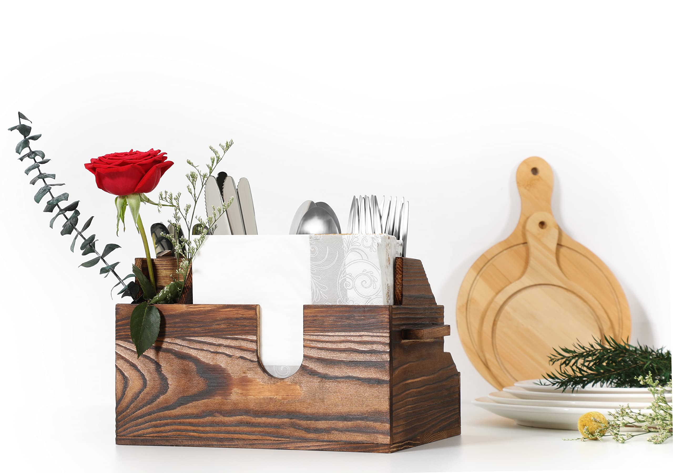 Innovation Silverware Caddy, Flatware Caddy, 7-Compartment Wooden Utensil Caddy Silverware with Handles for Spoons, Knives, Forks, Napkins, Vintage Brown