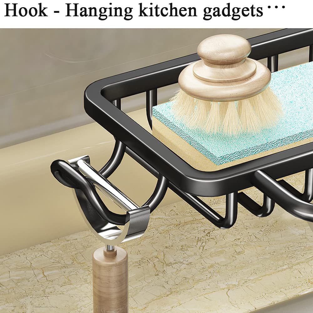 FWEHIO Faucet Sponge Holder with Hook Soap Dishcloth Hanger Brush Sink Caddy Drain Rack Space Aluminum Soap Sponge Brush Scrubber Sink Caddy Organizer (Double, Black)
