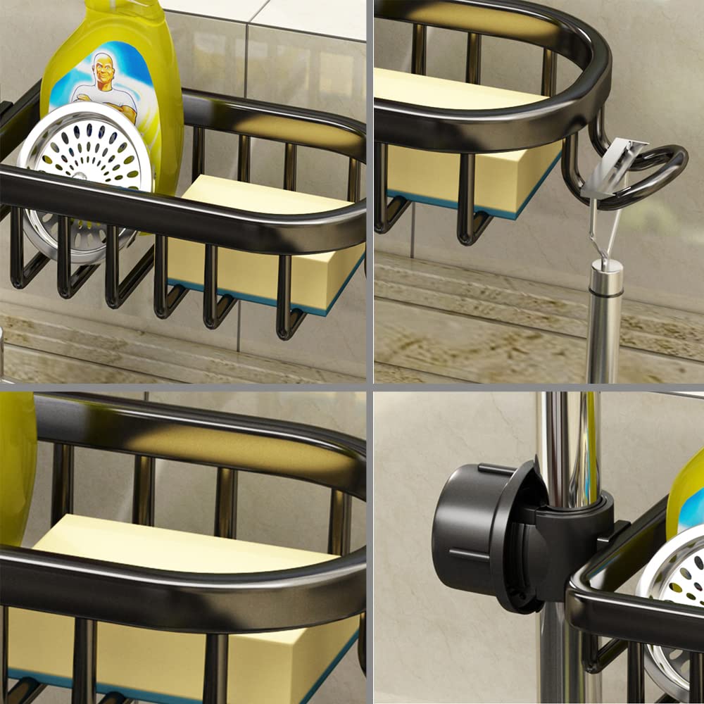 FWEHIO Faucet Sponge Holder with Hook Soap Dishcloth Hanger Brush Sink Caddy Drain Rack Space Aluminum Soap Sponge Brush Scrubber Sink Caddy Organizer (Double, Black)