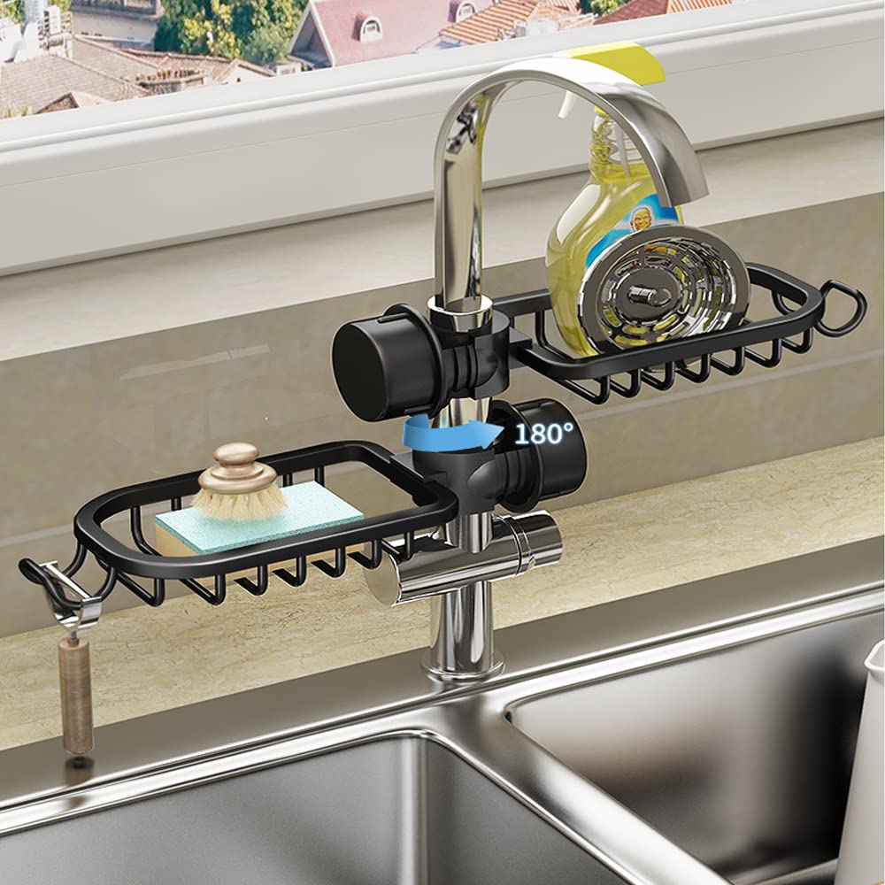 FWEHIO Faucet Sponge Holder with Hook Soap Dishcloth Hanger Brush Sink Caddy Drain Rack Space Aluminum Soap Sponge Brush Scrubber Sink Caddy Organizer (Double, Black)