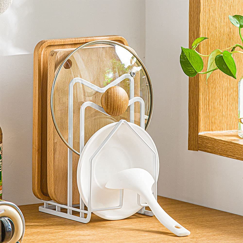 LINFIDITE Cutting Board Rack Chopping Board Organizer Stand Holder Kitchen Countertop Pots Pan Lids Rack Organizer Flat Steel 4.92Lx5.71Wx8.46H in. White