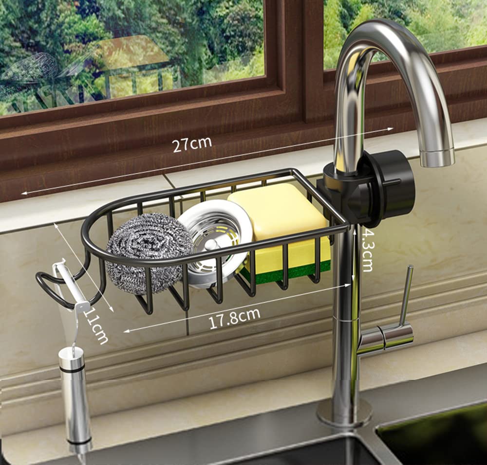 FWEHIO Faucet Sponge Holder with Hook Soap Dishcloth Hanger Brush Sink Caddy Drain Rack Space Aluminum Soap Sponge Brush Scrubber Sink Caddy Organizer (Double, Black)