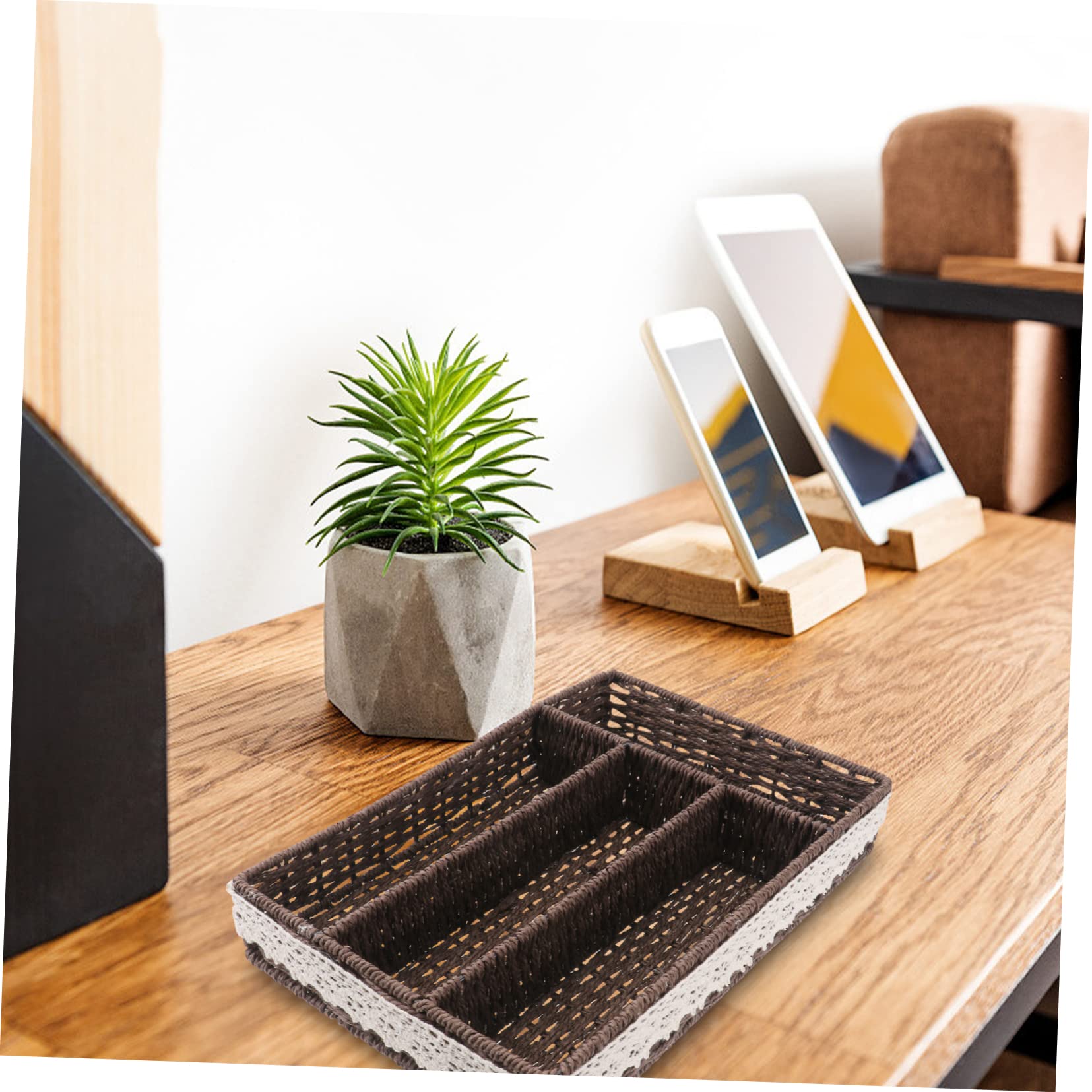 Cabilock Rattan Flatware Basket Kitchen Utensil Drawer Organizer with Dividers Natural Wicker Serving Basket Flatware Cutlery Organiser Tray for Flatware and Kitchen Utensils