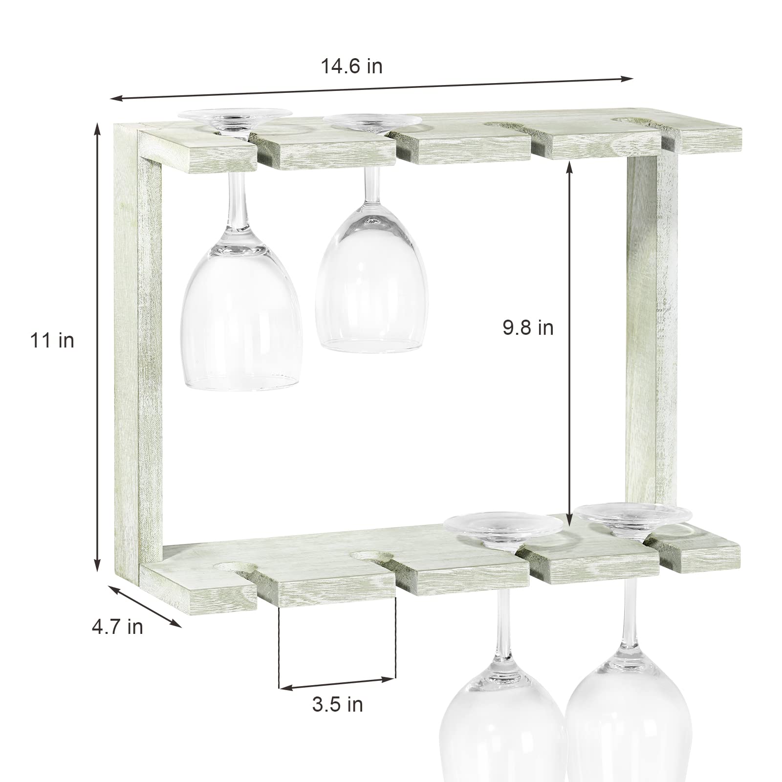 OYEAL Wine Glass Rack Wall Mounted Wood Stemware Storage Holder Rustic 2 Tier Hanging Wine Glass Storage Rack Kitchen Wine Glass Holder, Set of 2, Rustic Green