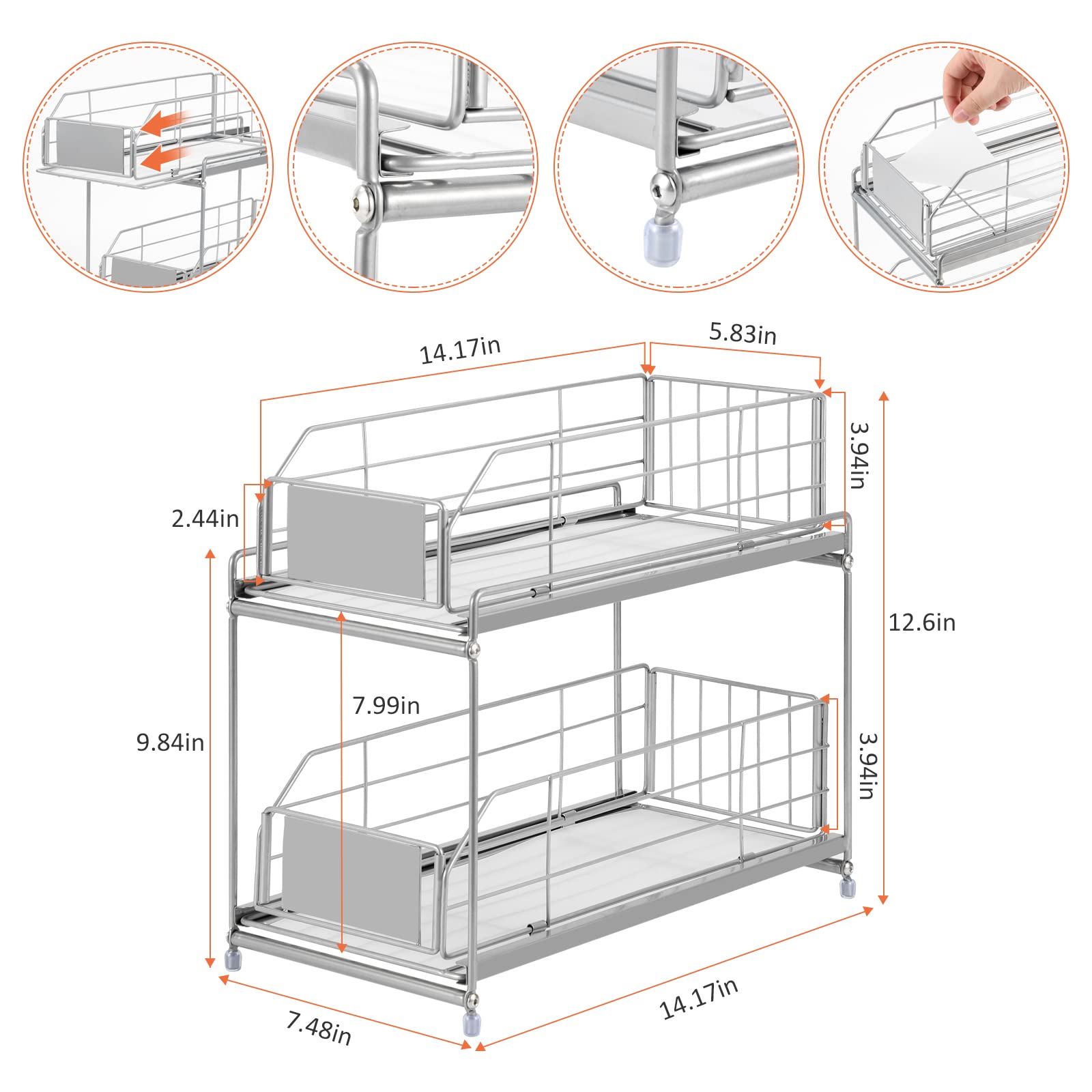 MOOACE 2 Pack Sliding Cabinet Basket Organizer, Bathroom Organizer Under Sink Shelf, Under Kitchen Cabinet Organizer, 2 Tier Multi-purpose Under Sink Storage Rack, Silver
