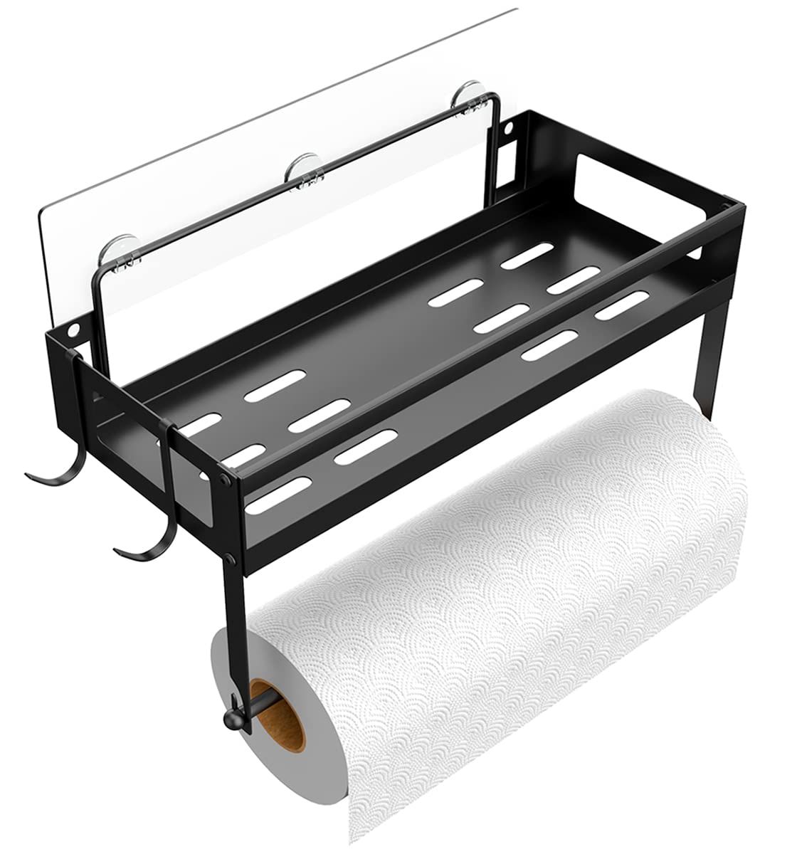 ESOW Paper Towel Holder Wall Mounted for Kitchen 13 in, Paper Towel Roll Rack with Storage Shelf Space, Both Available in Adhesive and Screws, SUS304 Stainless Steel (Matte Black)