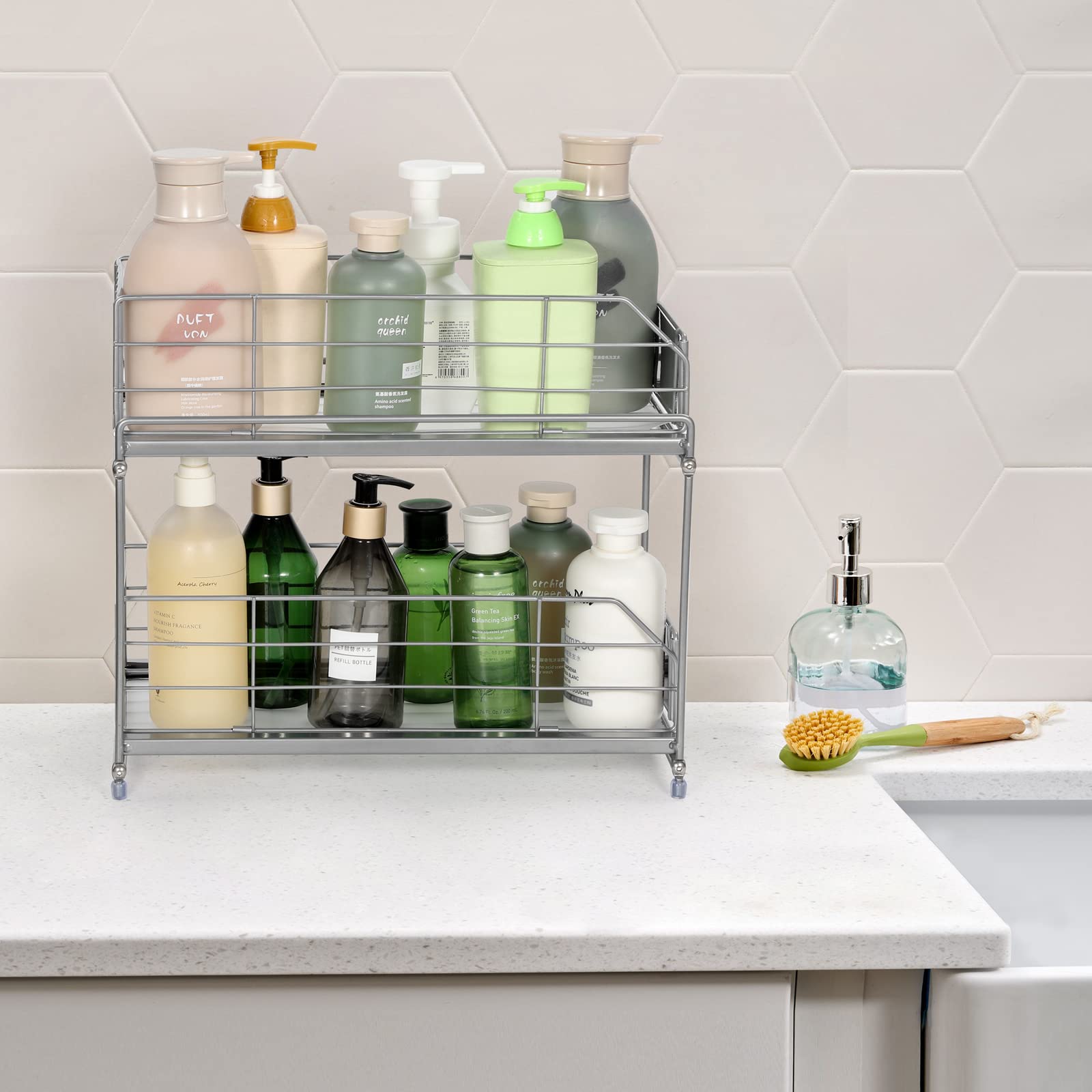 MOOACE 2 Pack Sliding Cabinet Basket Organizer, Bathroom Organizer Under Sink Shelf, Under Kitchen Cabinet Organizer, 2 Tier Multi-purpose Under Sink Storage Rack, Silver