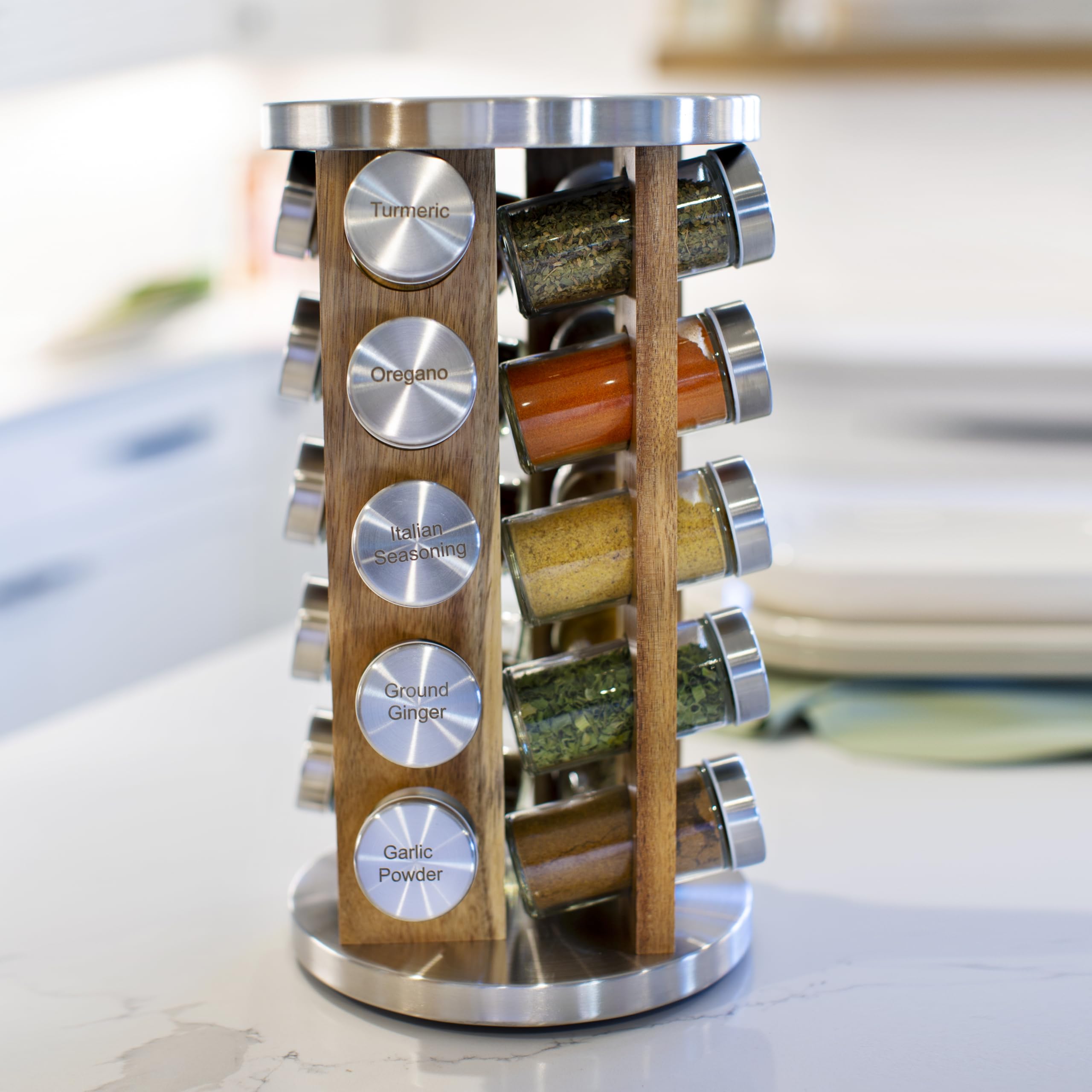 Orii 20 Jar Spice Rack with Spices Included - Tower Organizer for Kitchen Spices and Seasonings, Free Spice Refills for 5 Years (Natural Acacia Wood)