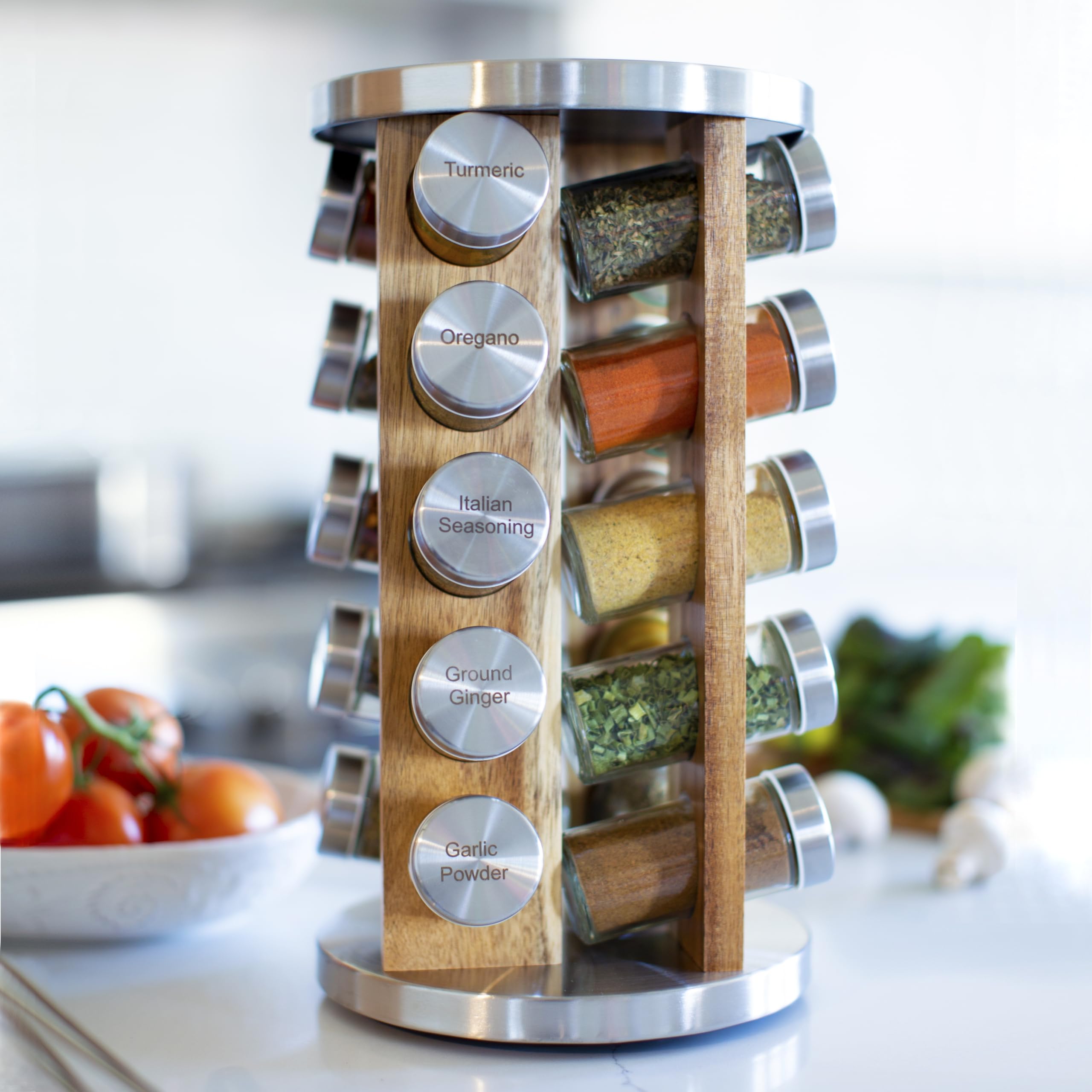 Orii 20 Jar Spice Rack with Spices Included - Tower Organizer for Kitchen Spices and Seasonings, Free Spice Refills for 5 Years (Natural Acacia Wood)