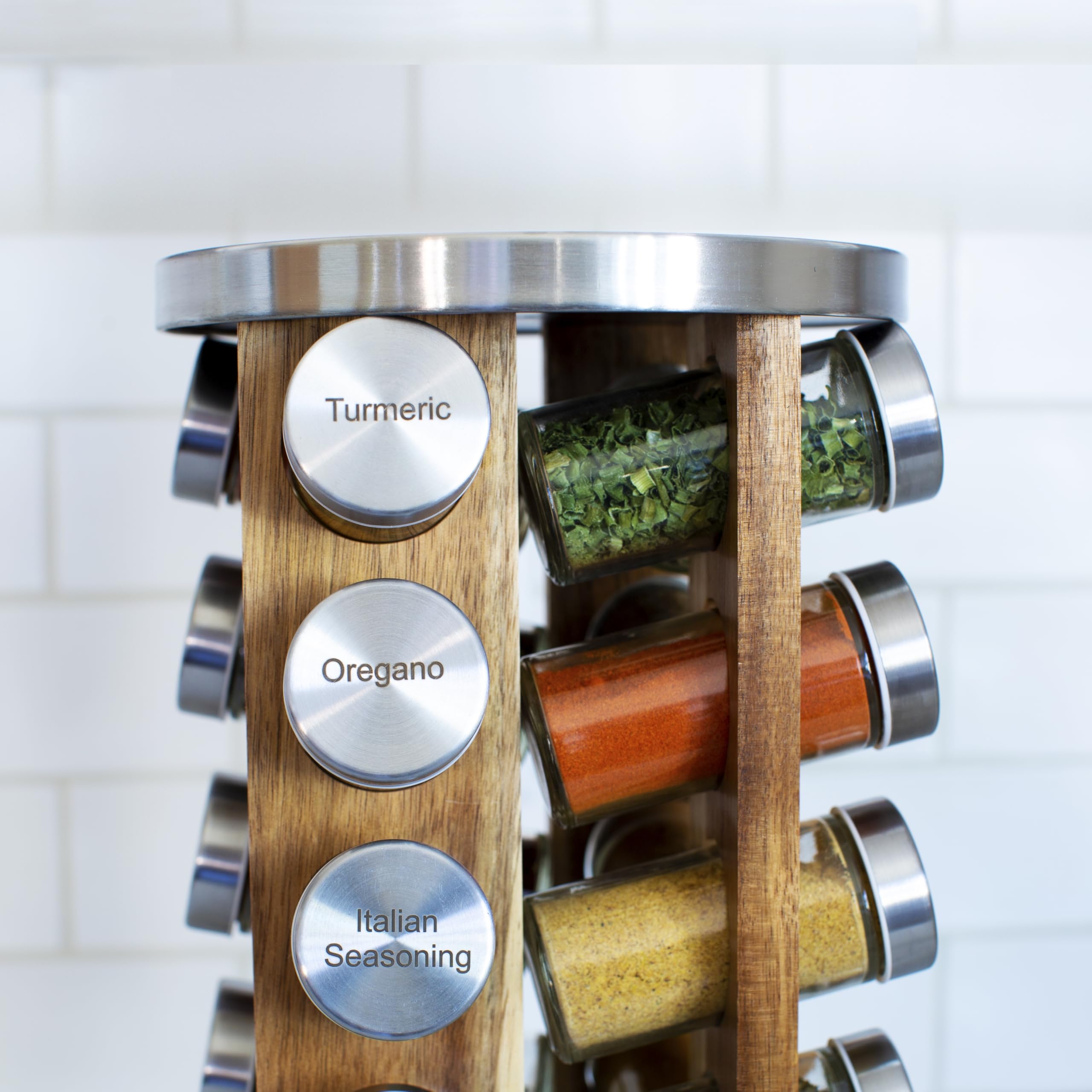 Orii 20 Jar Spice Rack with Spices Included - Tower Organizer for Kitchen Spices and Seasonings, Free Spice Refills for 5 Years (Natural Acacia Wood)