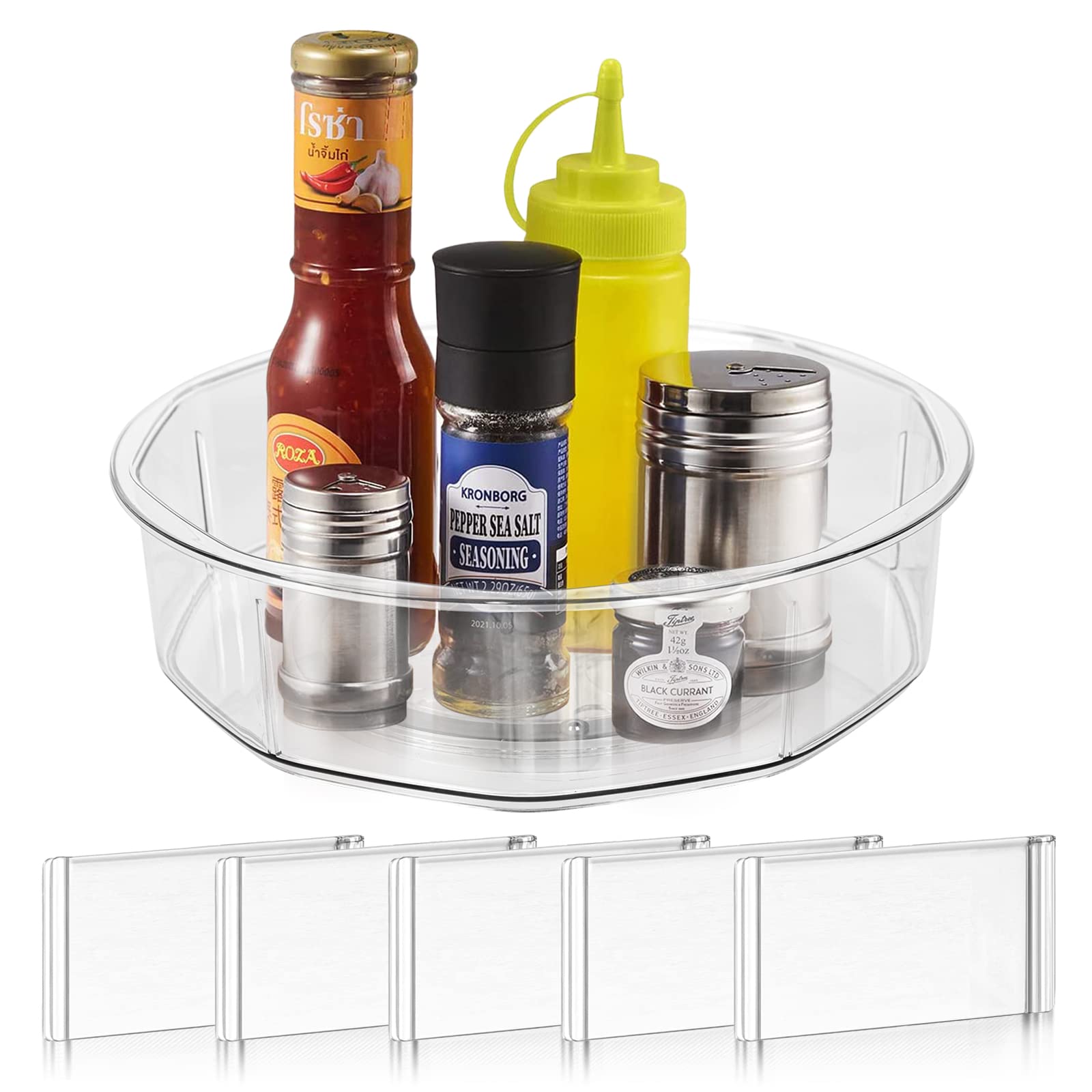 Lazy Susan Organizer for Cabinet, Round Turntable Organizer with 5 Dividers Pantry Plastic Clear Storage for Fridge Living Room Kitchen Spice Rack Foods Cosmetics Perfumes Organization