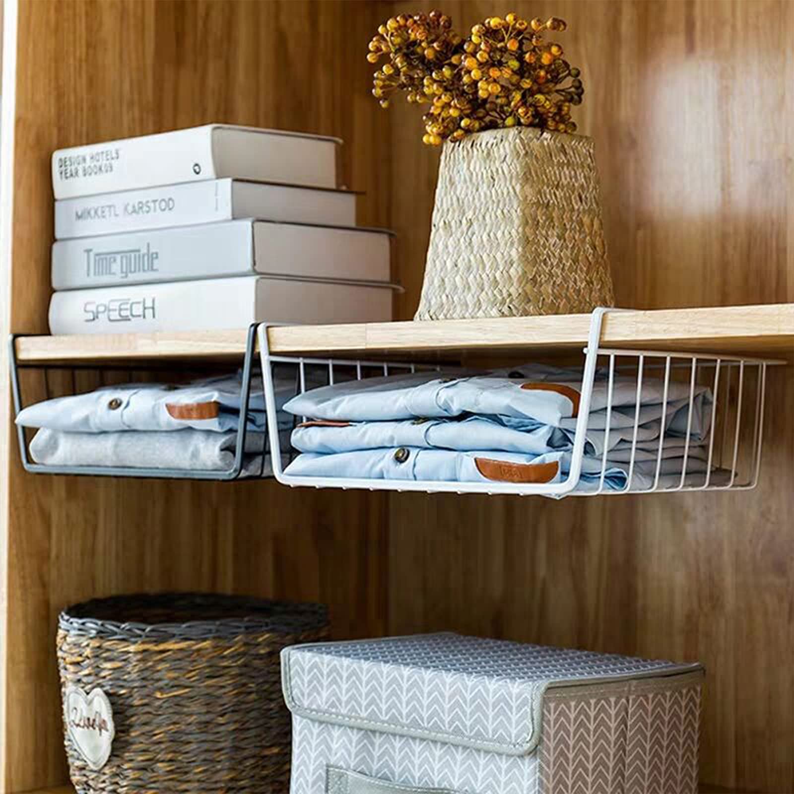 Under Shelf Basket, 4 Pack Black Wire Rack, Slides Under Shelves for Storage Space on Kitchen Pantry Desk Bookshelf Cupboard